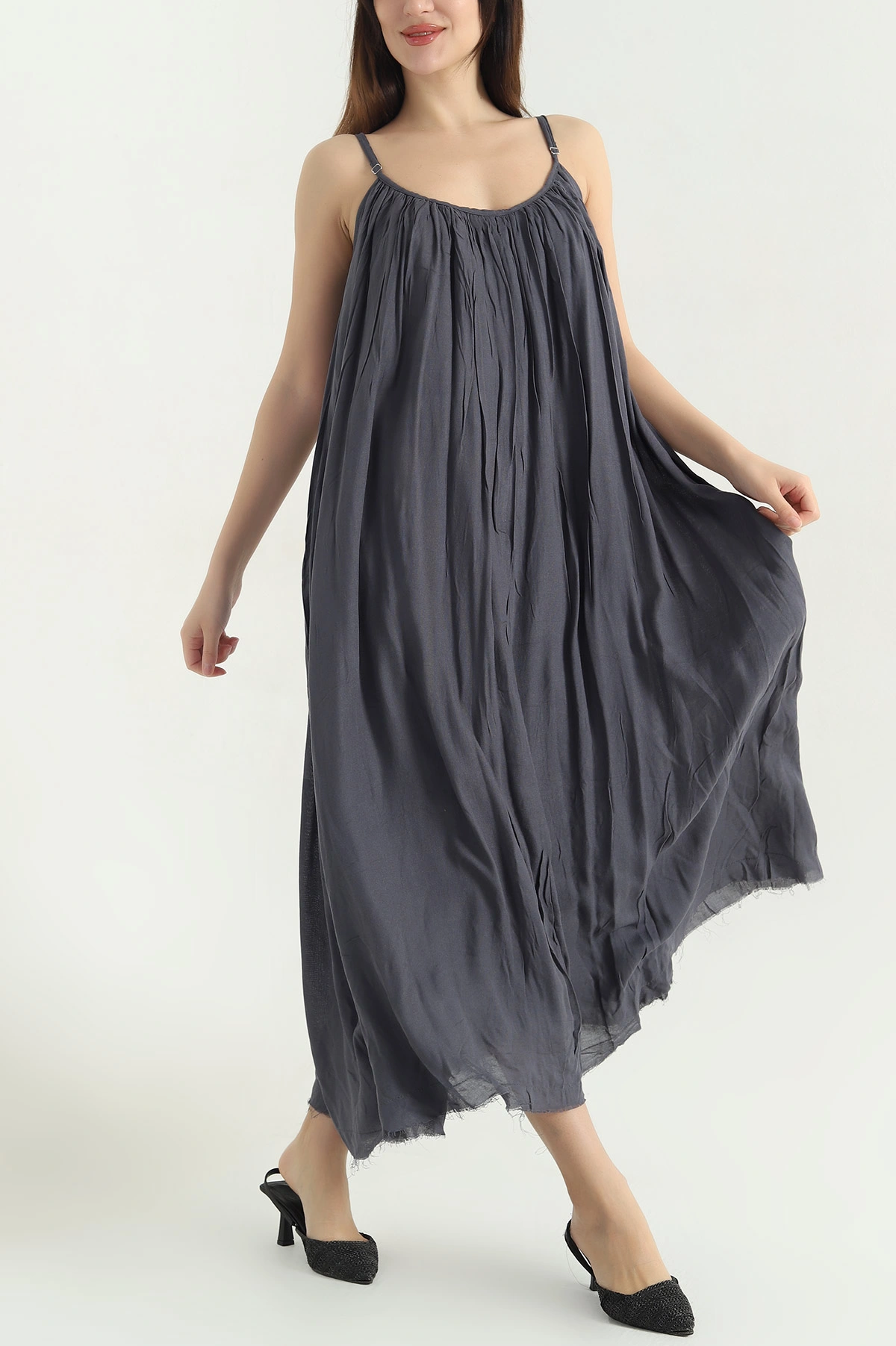 Antrasit İp Askılı Oversize Keten Elbise 342756 3062
