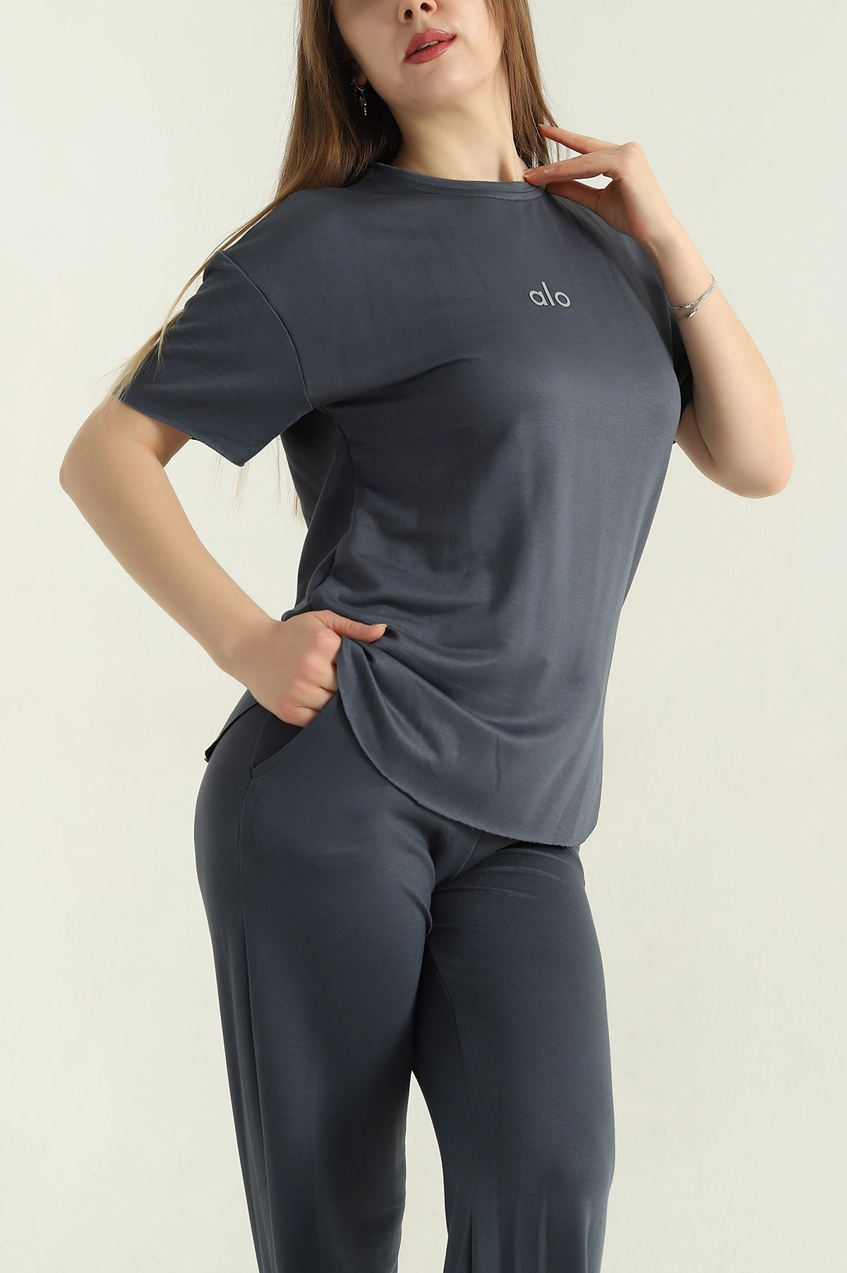 Antrasit Kristal Bel Lastikli Kadın İkili Takım 355018