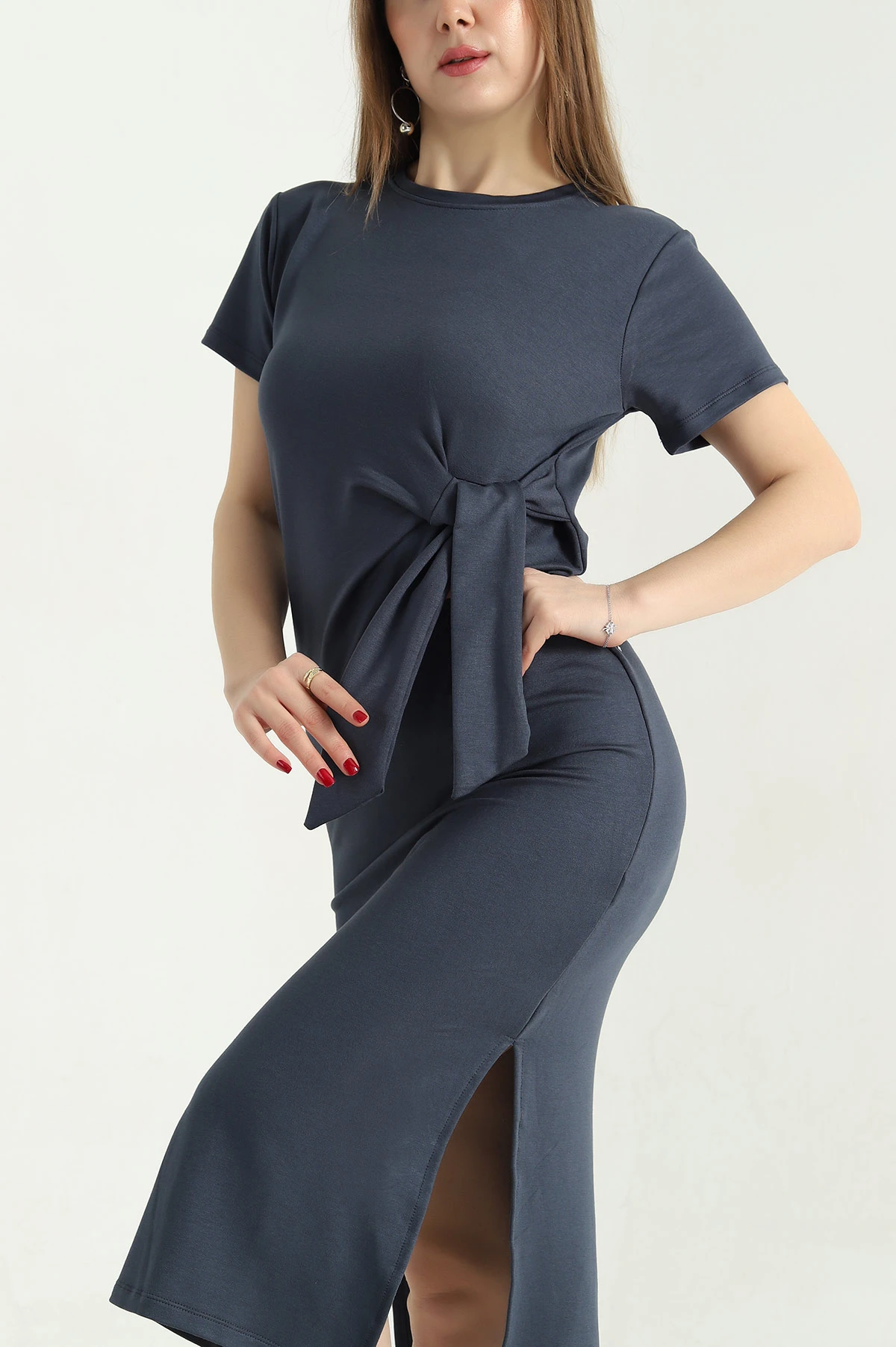 Antrasit Kuşak Detay Kristal Elbise 337799