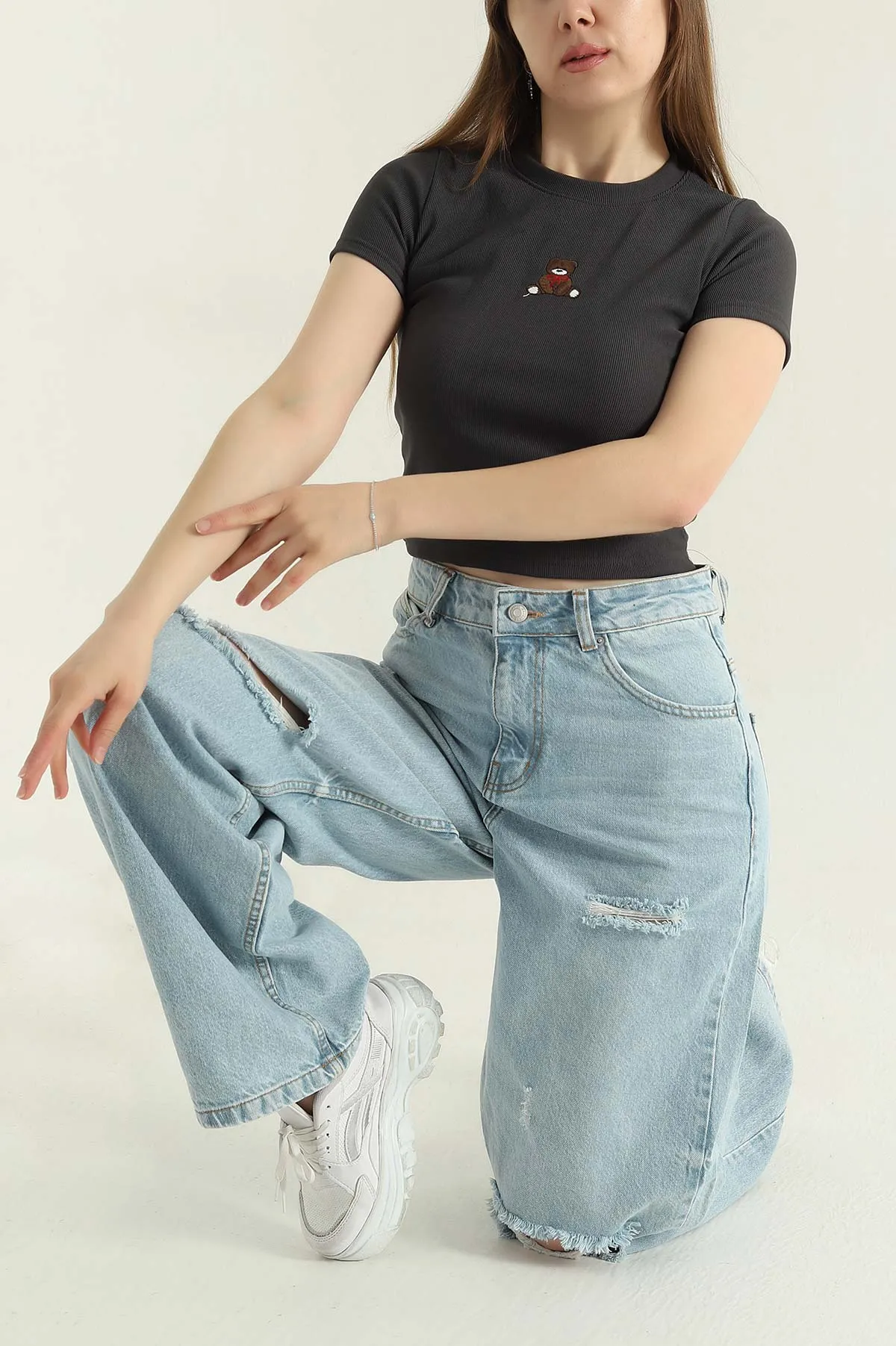 Antrasit Nakış İşlemeli Ottman Bluz 358996