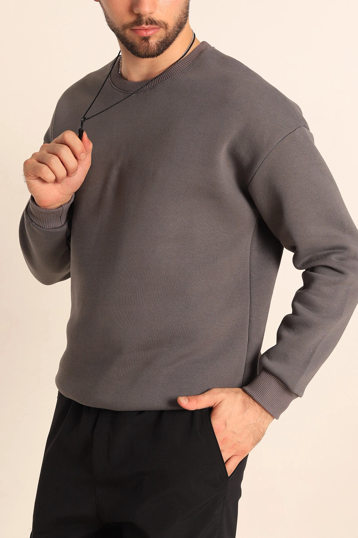 Antrasit Oversize Üç İp Şardonlu Basic Erkek Sweatshirt 228388 ...