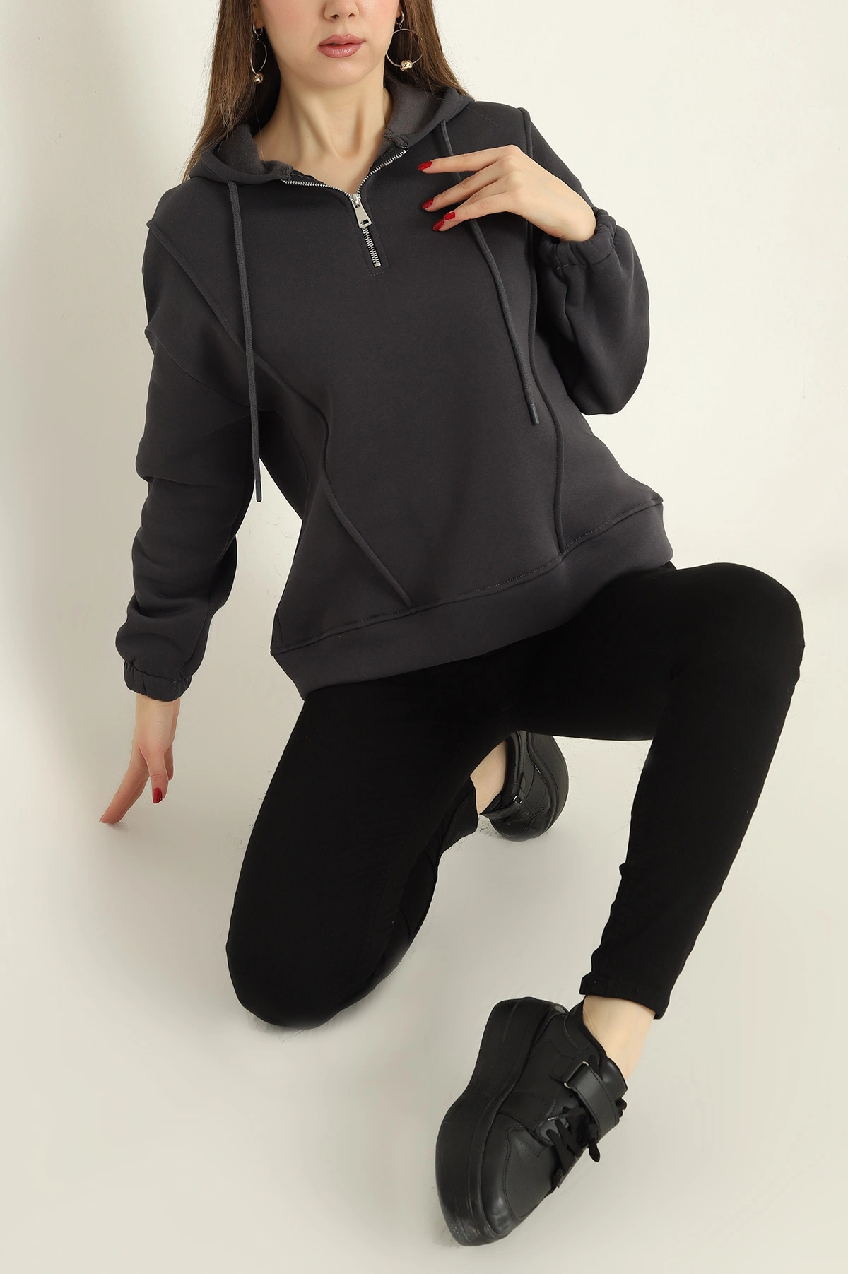 Antrasit Şardonlu Kapüşonlu Çimalı Üç İp Bayan Sweat 328447