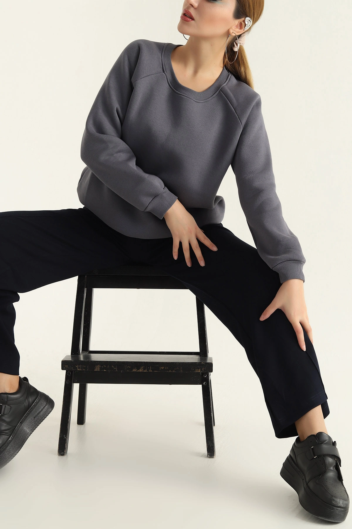 Antrasit Şardonlu Üç İp Bayan Sweat 314086