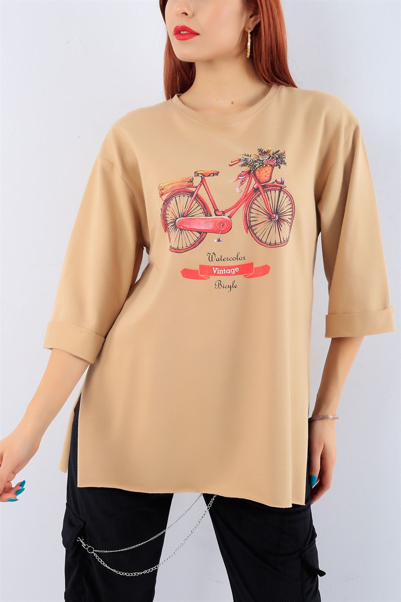 25,95 TL Baskılı Yandan Yırtmaç Bisküvi Rengi Sweat 20215B | ModamızBir ...