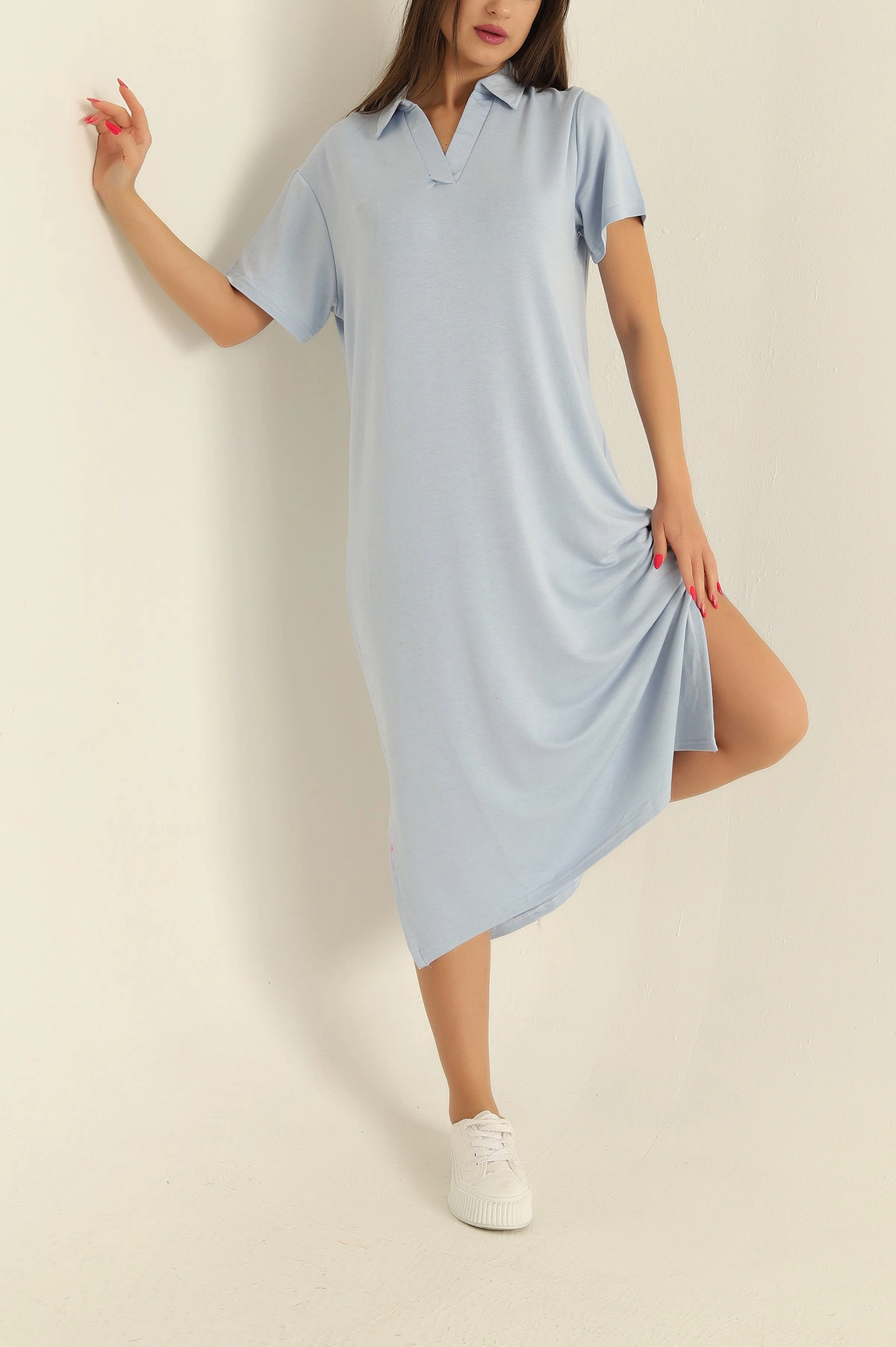 Bebe Mavisi Yakalı Yırtmaçlı Modal Elbise 278736 | ModamızBir ...