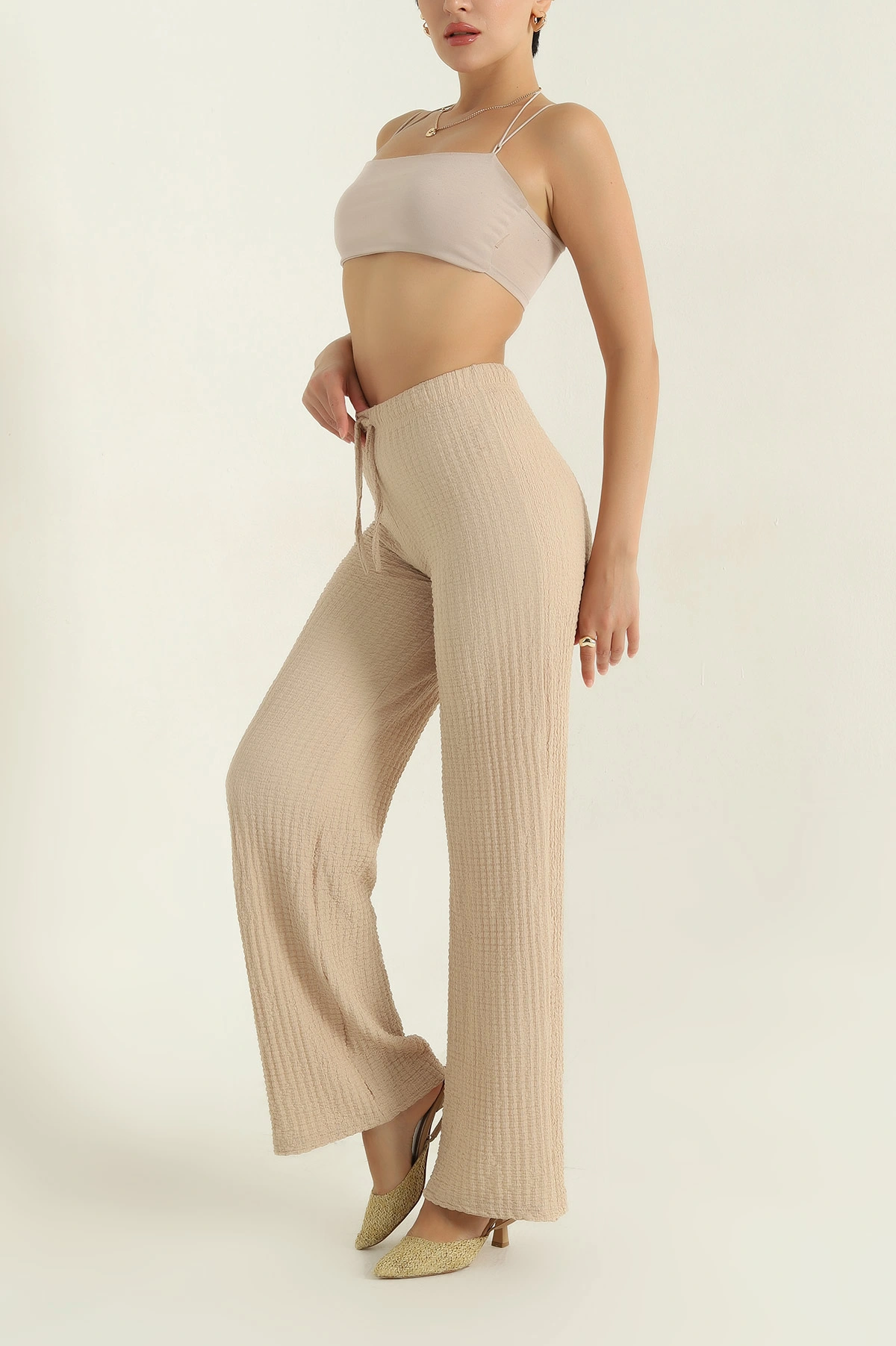 Bej Bel Lastikli Gofre Kadın Pantolon 370077