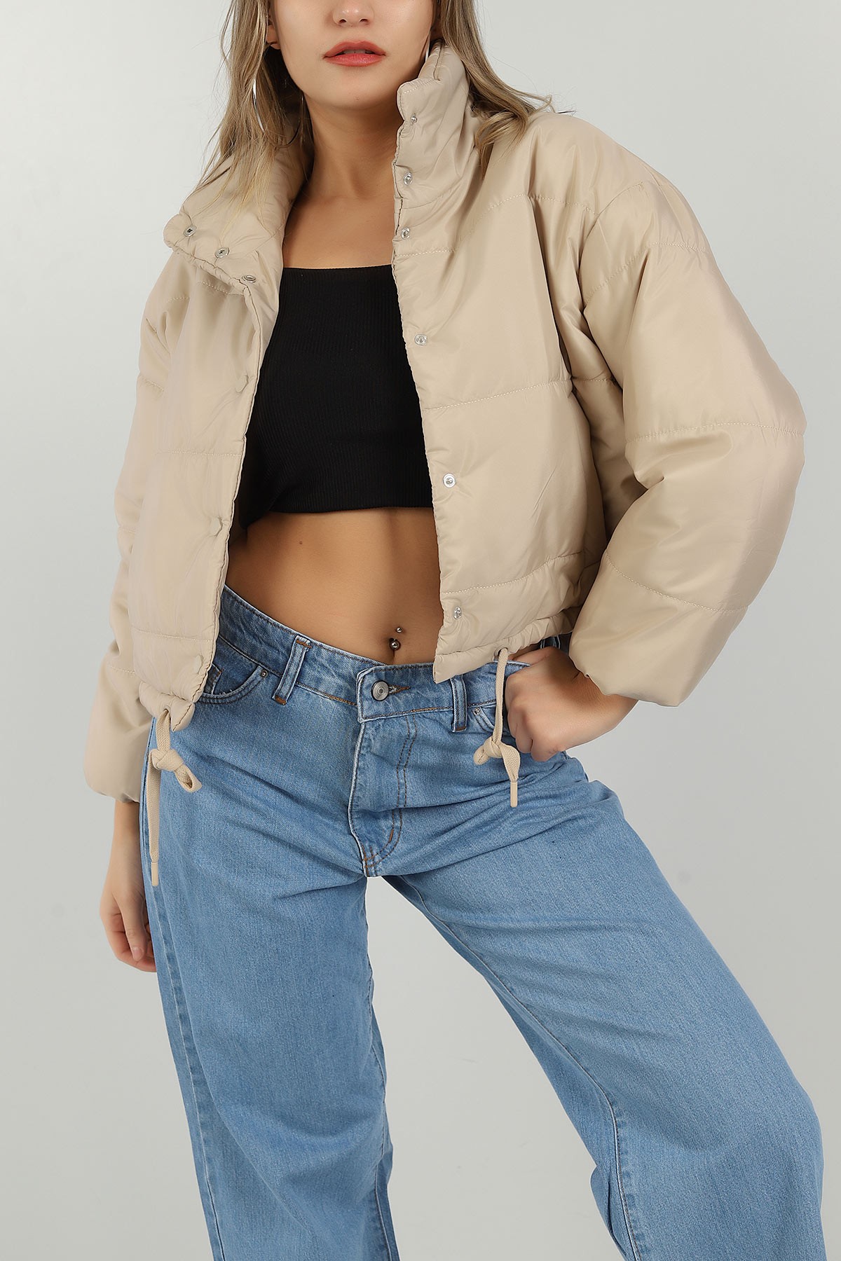 Bej Beli Sıkmalı Bayan Astarlı Mont 144242 | ModamızBir | Modamizbir.Com