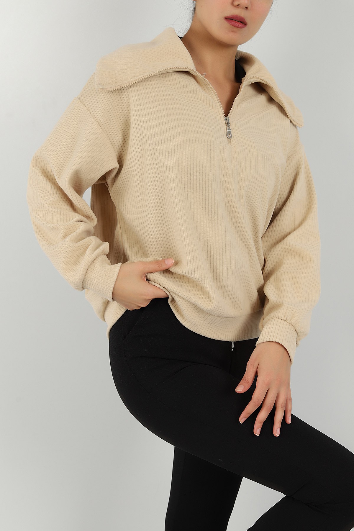 Bej Yakalı Fitilli Bayan Sweat 144037 | ModamızBir | Modamizbir.Com