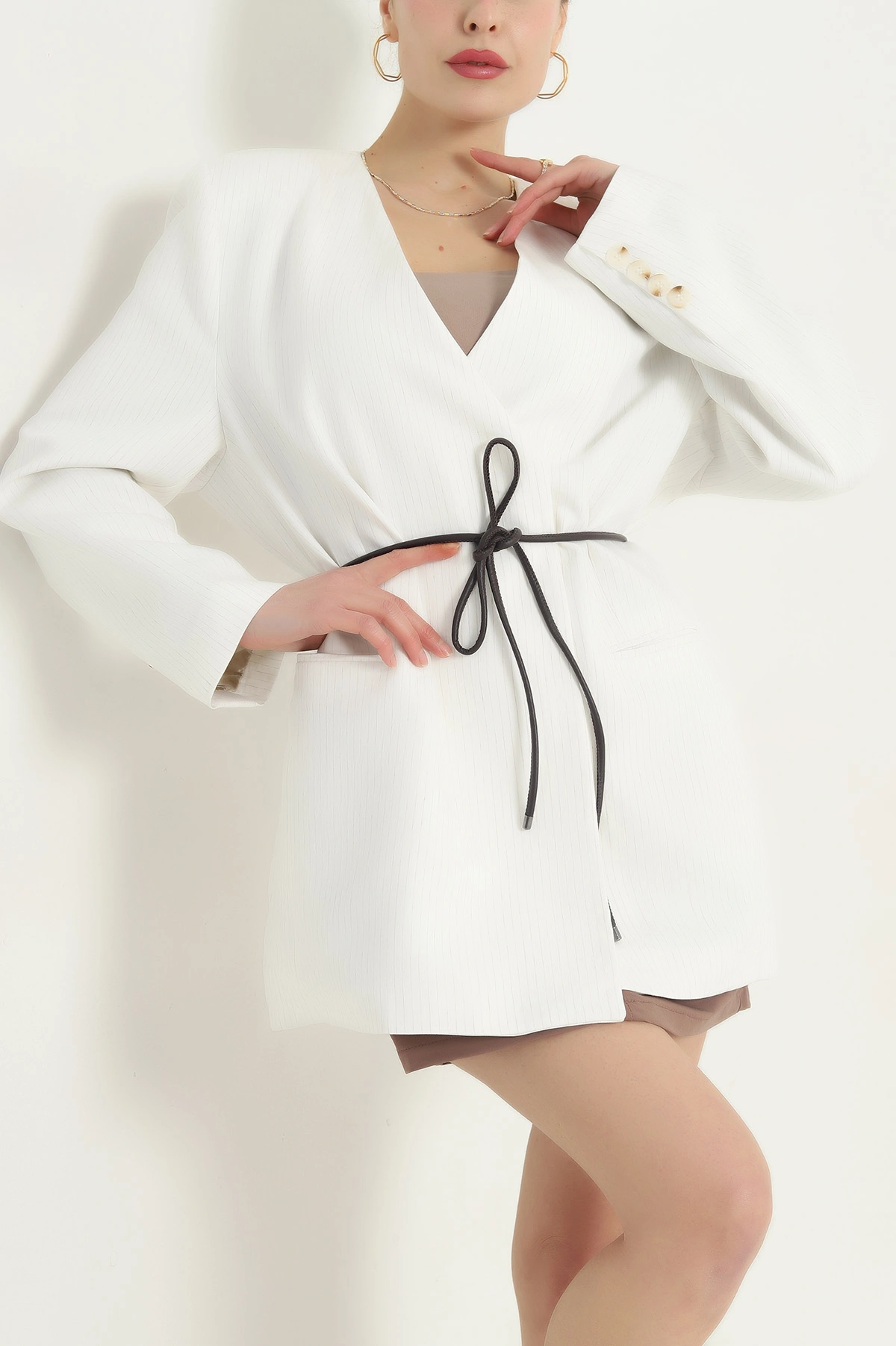 Beyaz Astarlı Çizgili Vizolin Kadın Ceket 345160