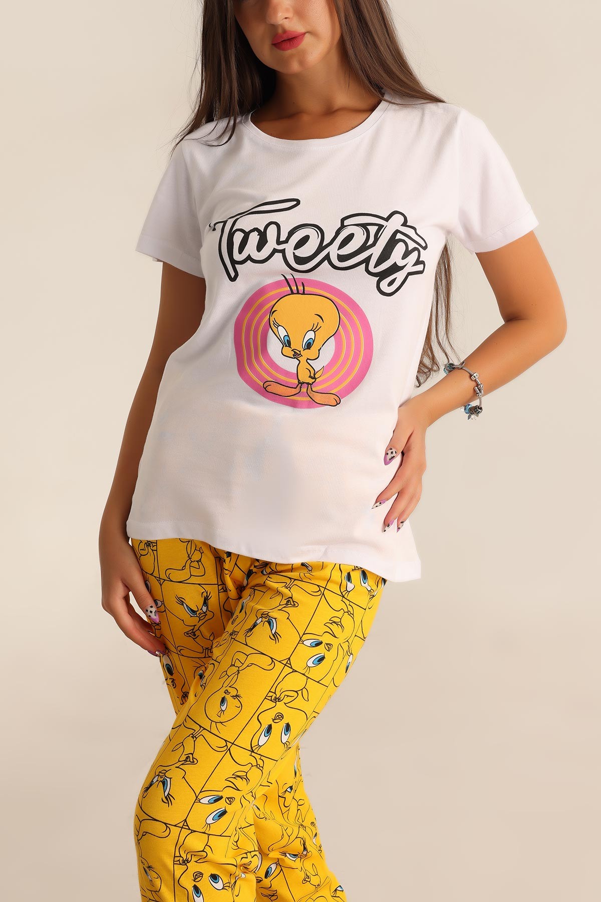 Beyaz Baskılı Bayan Pijama Takımı 191954 | ModamızBir | Modamizbir.Com