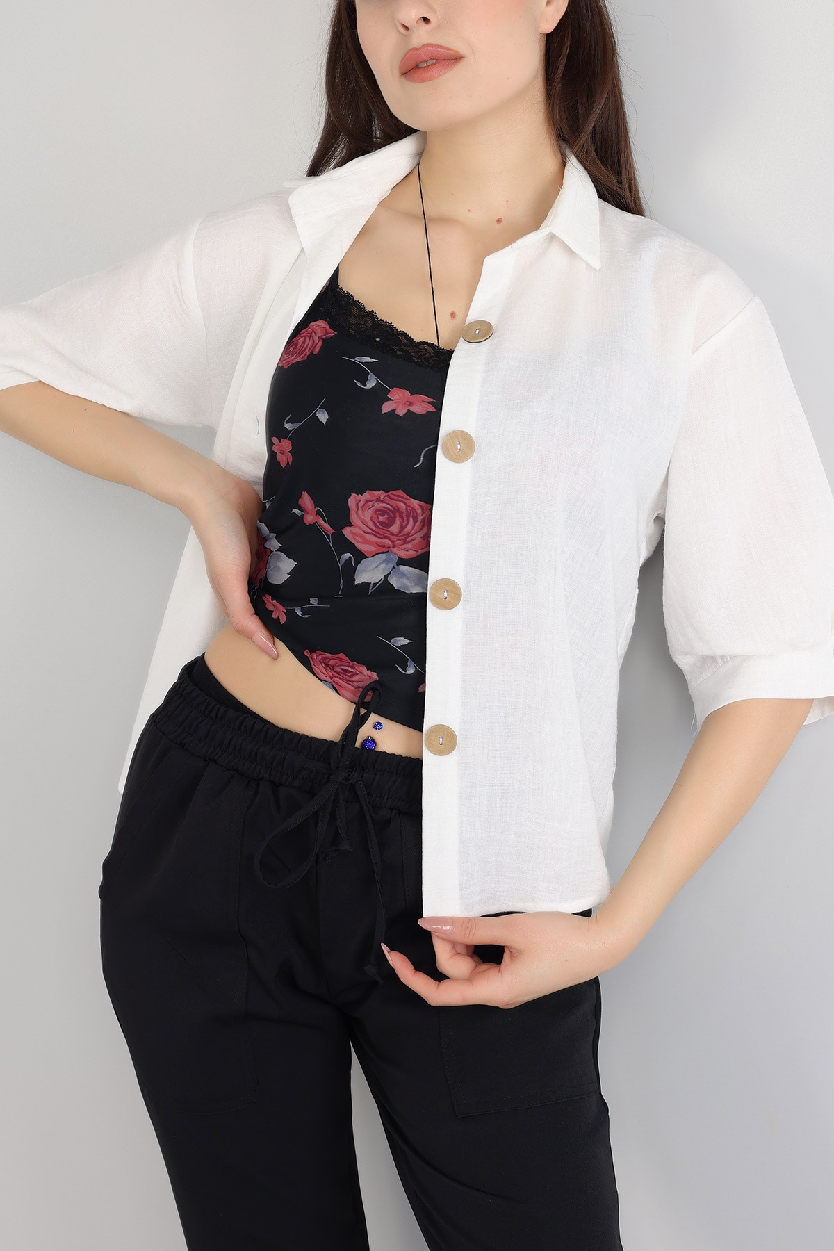 Beyaz Bayan Keten Gömlek 165120 | ModamızBir | Modamizbir.Com