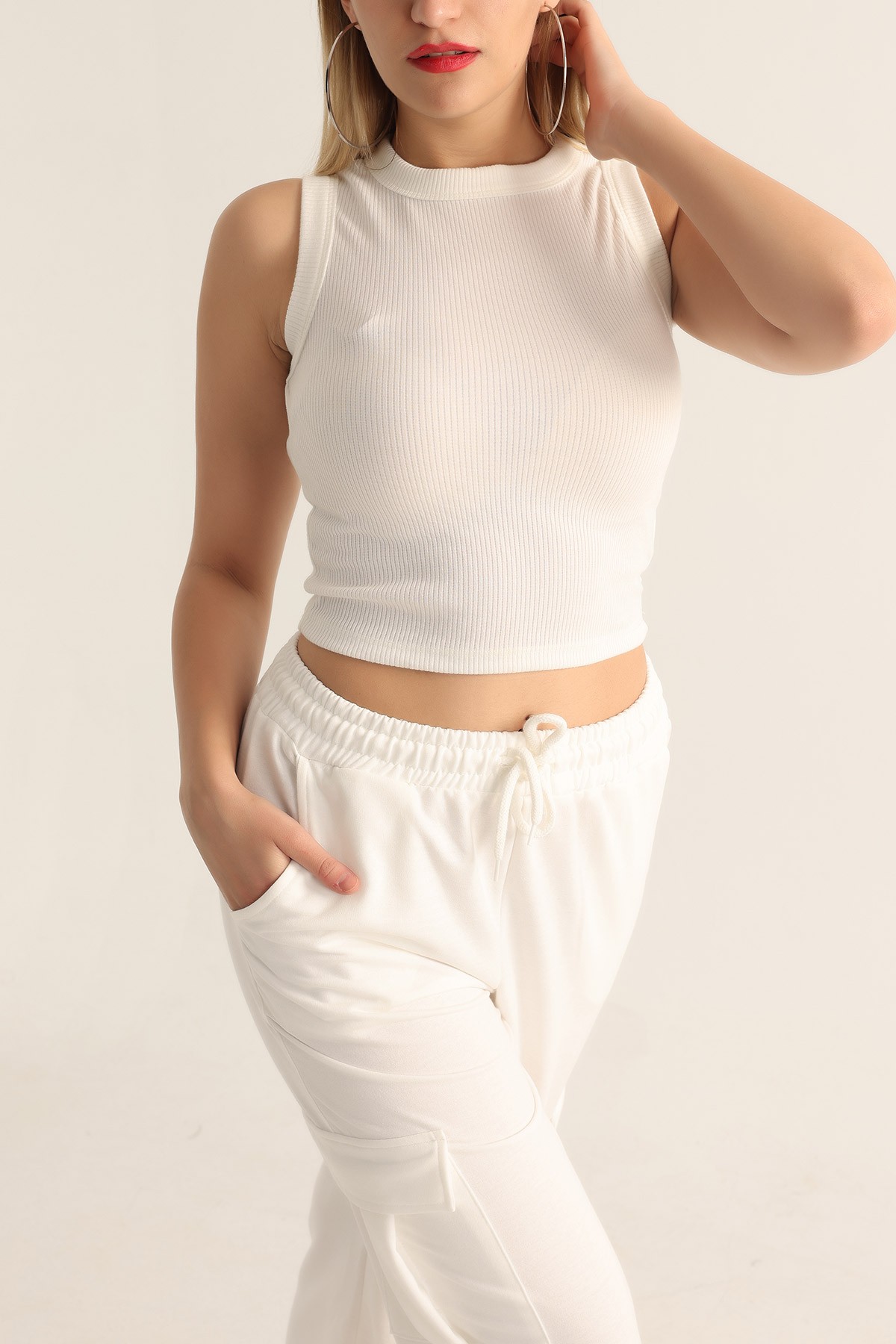 Beyaz Bürümcük Kumaş Crop Üst 174226 | ModamızBir | Modamizbir.Com