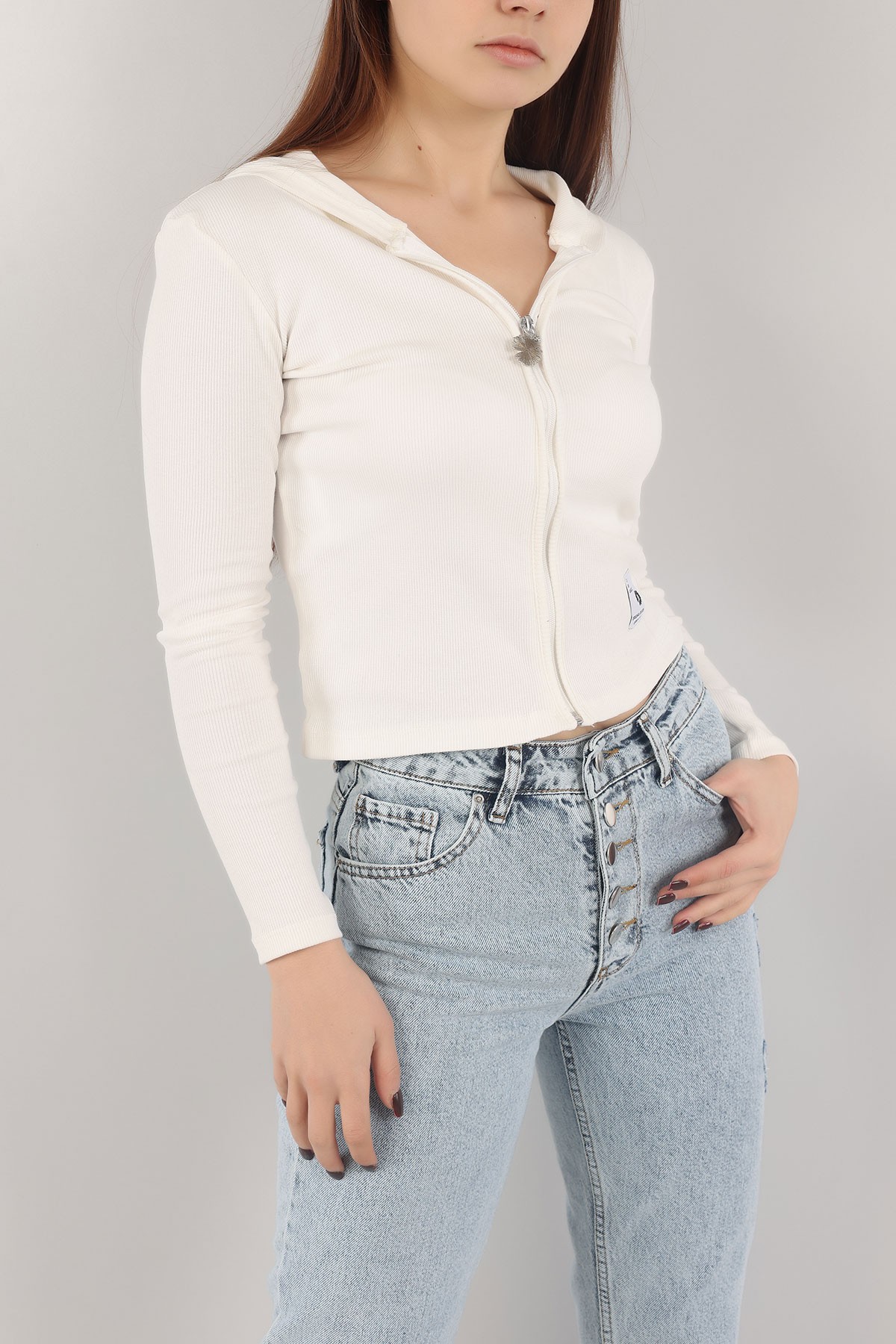 Beyaz Fitilli Fermuarlı Bayan Üst 152559 | ModamızBir | Modamizbir.Com