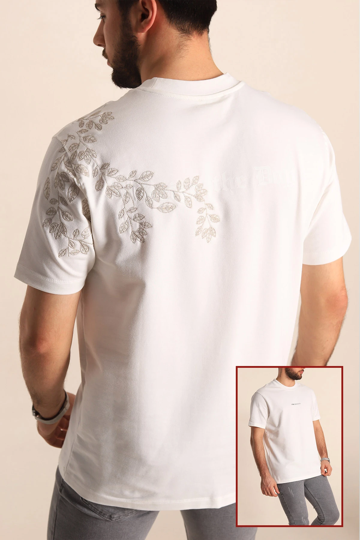 Beyaz İki İp Sırt Nakış Detaylı Erkek Tişört 245015 | ModamızBir ...