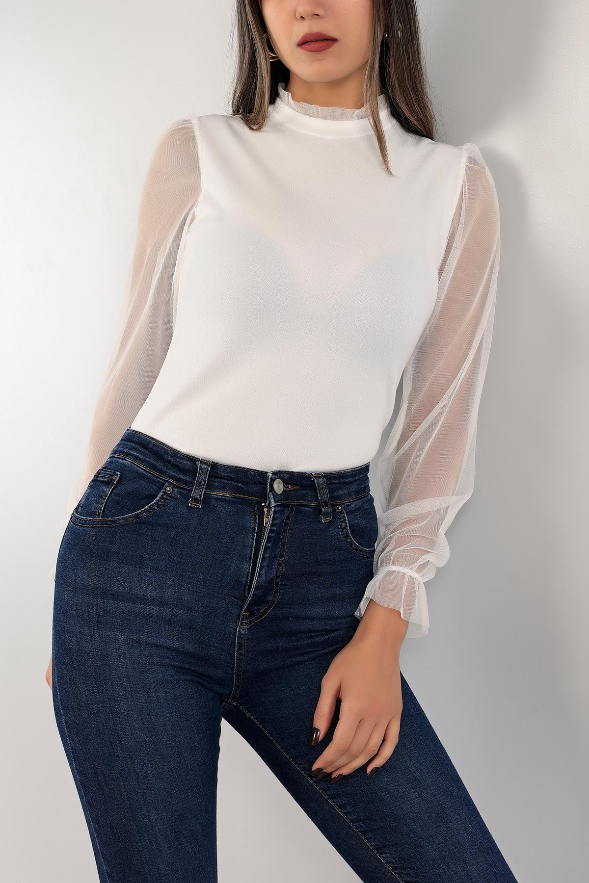 Beyaz Kolu Tül Tasarım Bluz 141442 | ModamızBir | Modamizbir.Com