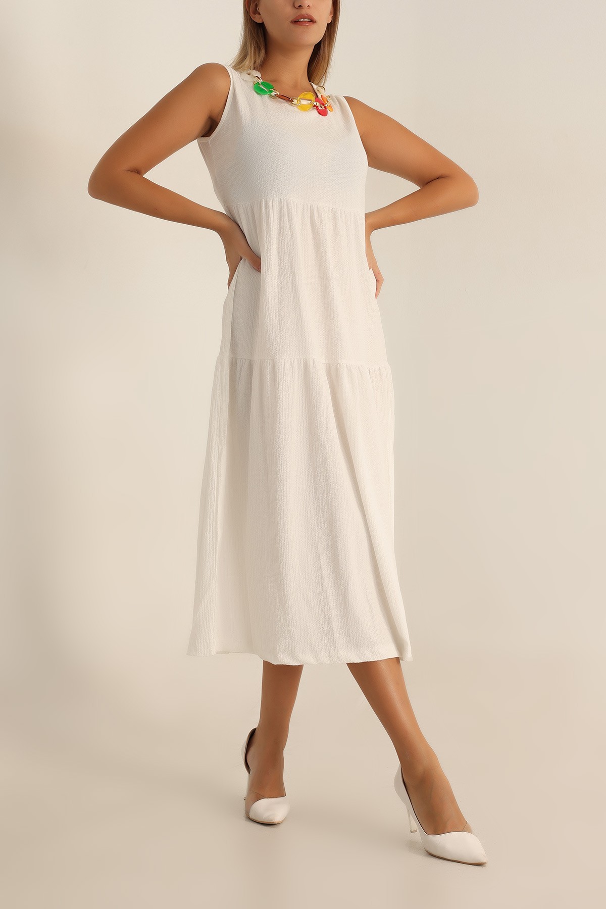 Beyaz Kolyeli Bürümcük Elbise 199488 | ModamızBir | Modamizbir.Com