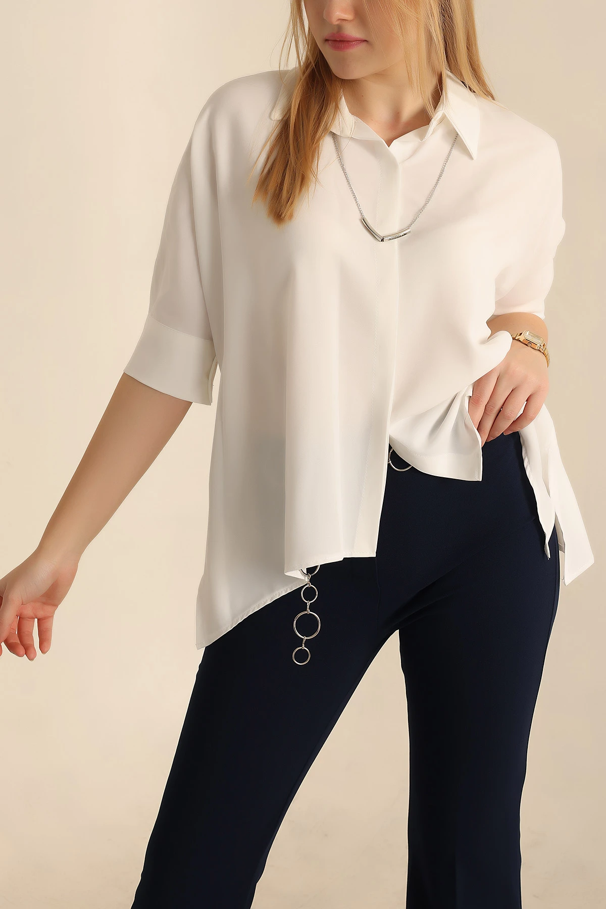 Beyaz Kolyeli Cupra Saten Gömlek 243340 | ModamızBir | Modamizbir.Com