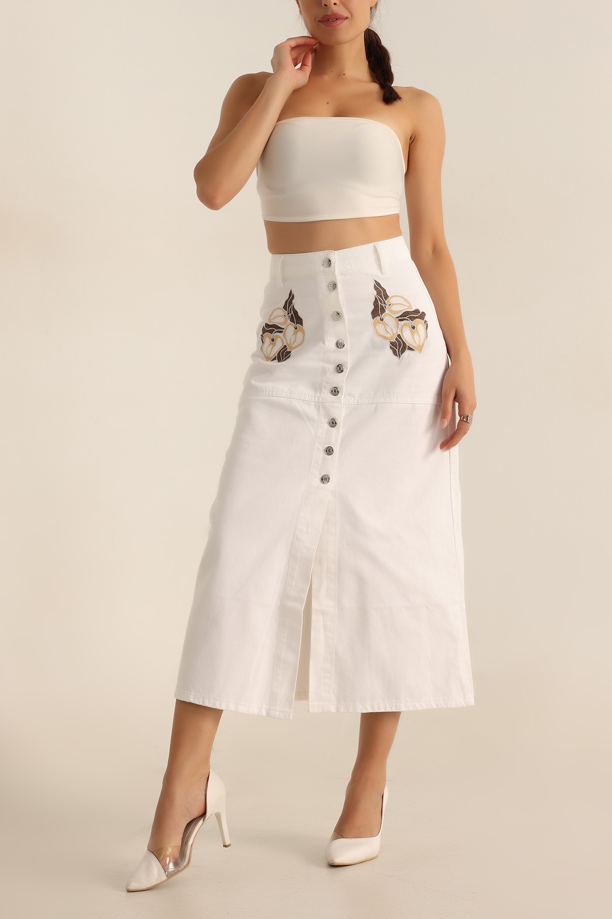 Beyaz Nakış İşlemeli Kot Etek 199218 | ModamızBir | Modamizbir.Com