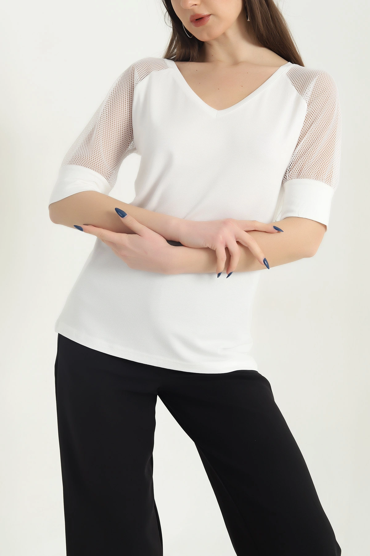 Beyaz Reglan Kol Fileli Viskon Bluz 344665