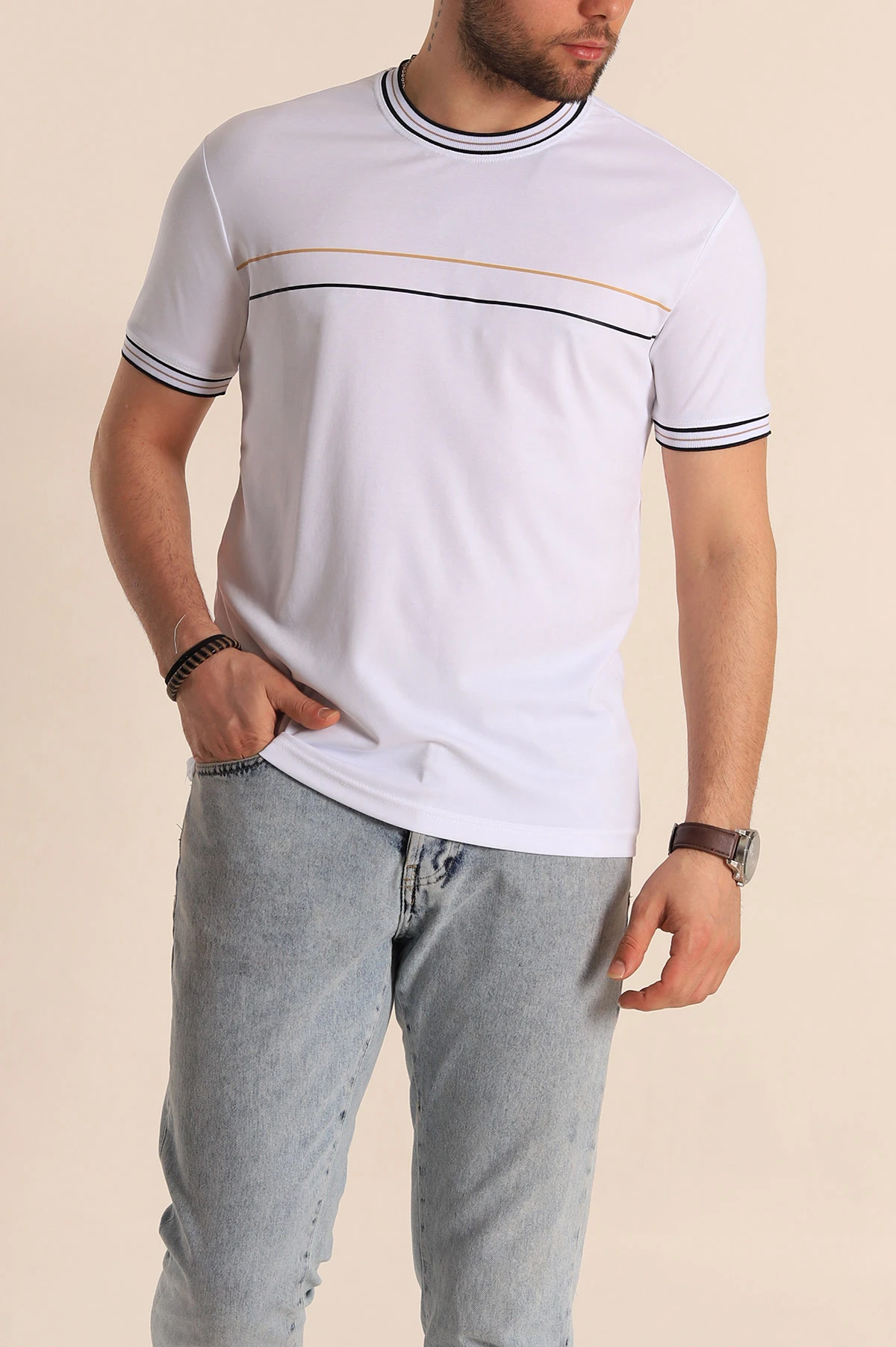 Beyaz Regular Fit Triko Yakalı Erkek Tişört 263340 | ModamızBir | Modamizbir.Com