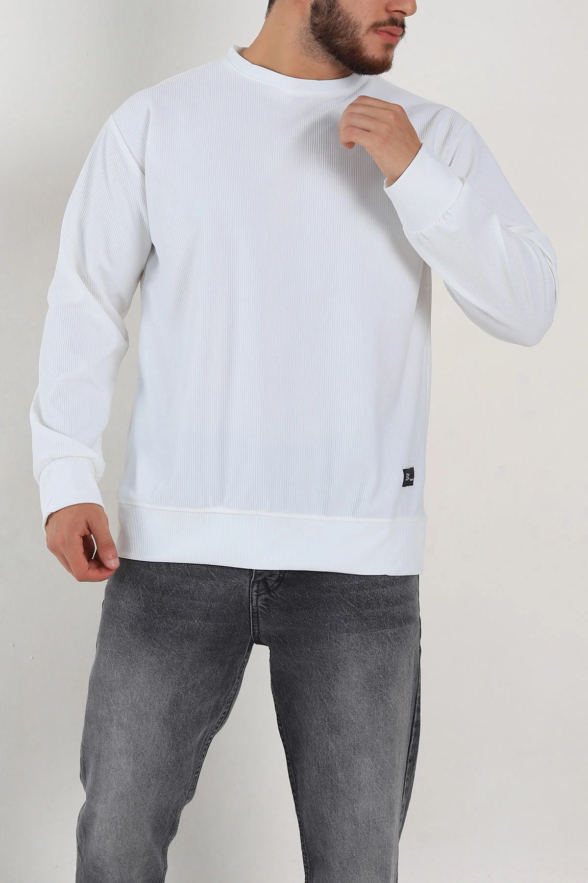 Beyaz Relaxed Fit Fitilli Doku Erkek İnce Sweatshirt 308095