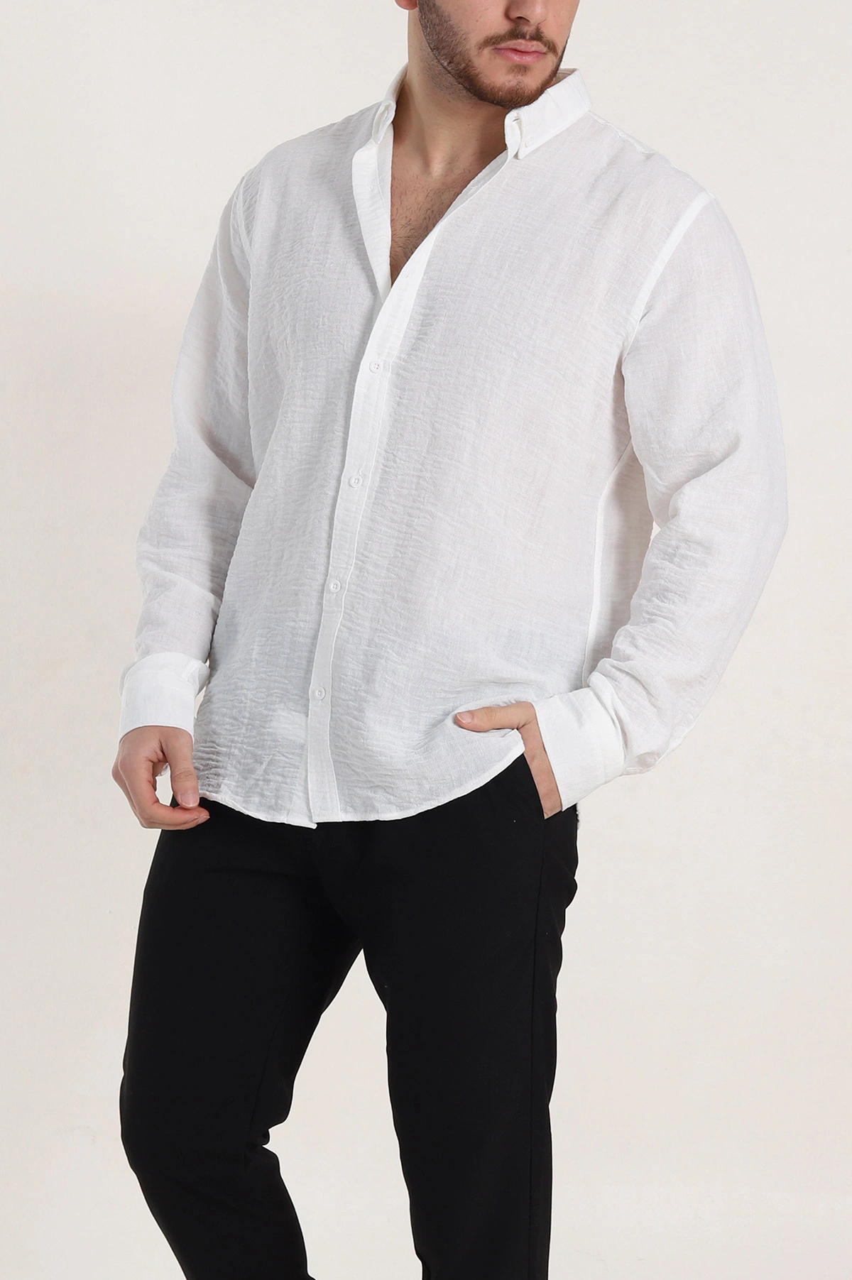 Beyaz Relaxed Fit Keten Ata Yaka Erkek Gömlek 339113
