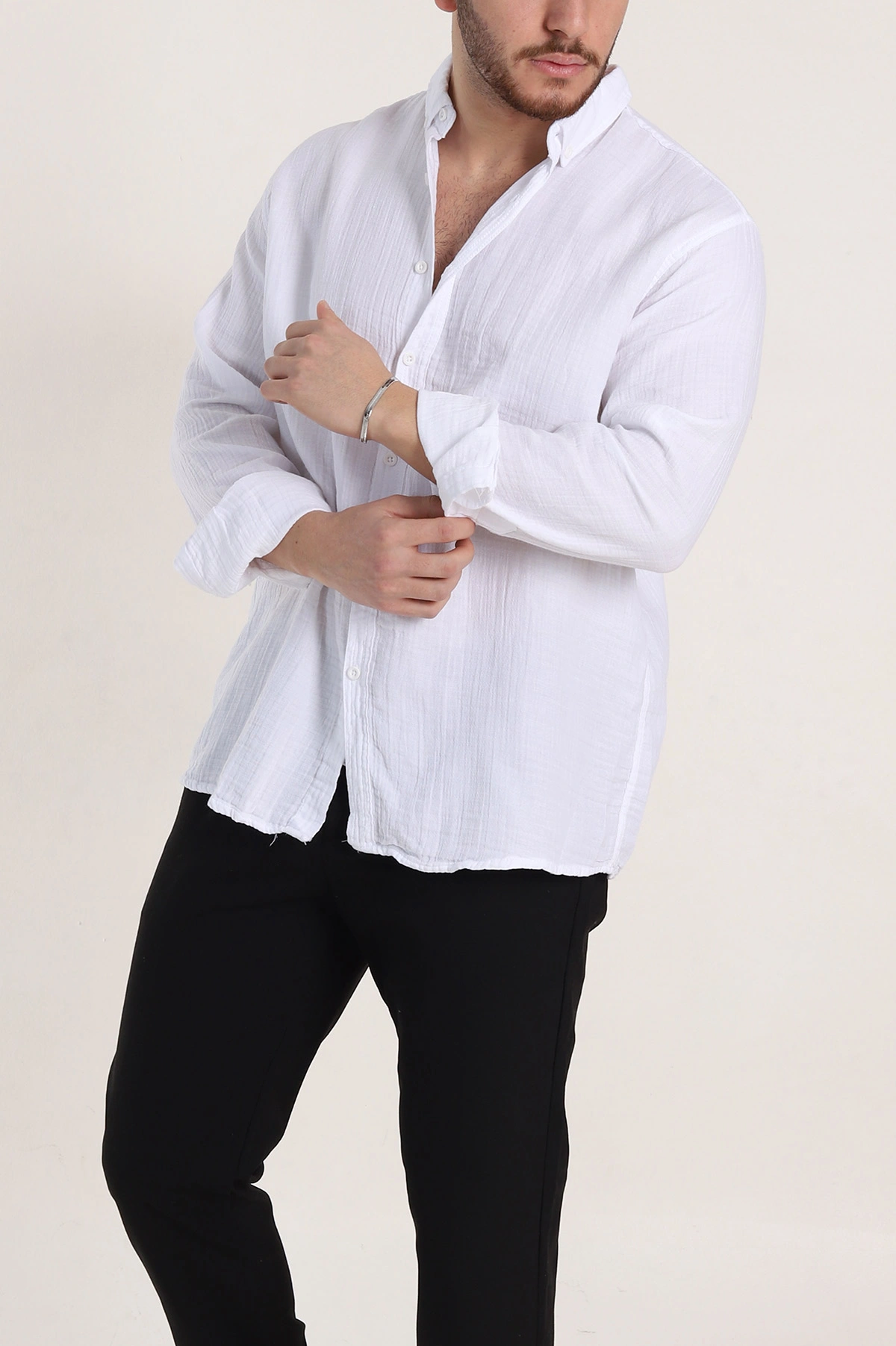 Beyaz Relaxed Fit Müslin Keten Ata Yaka Erkek Gömlek 339159