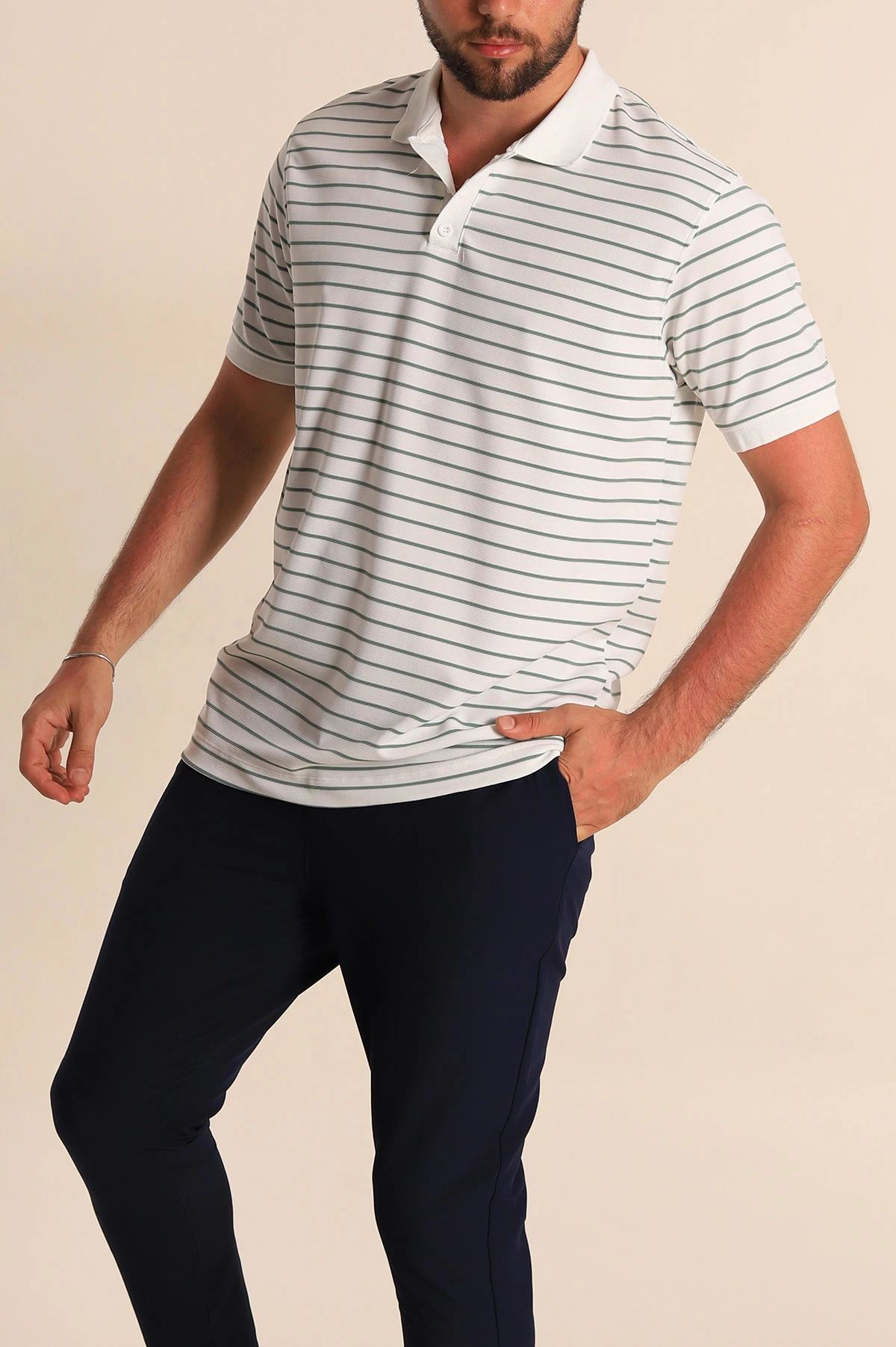 Beyaz Su Yeşili Çizgili Relaxed Fit Polo Yaka Erkek Tişört 277251