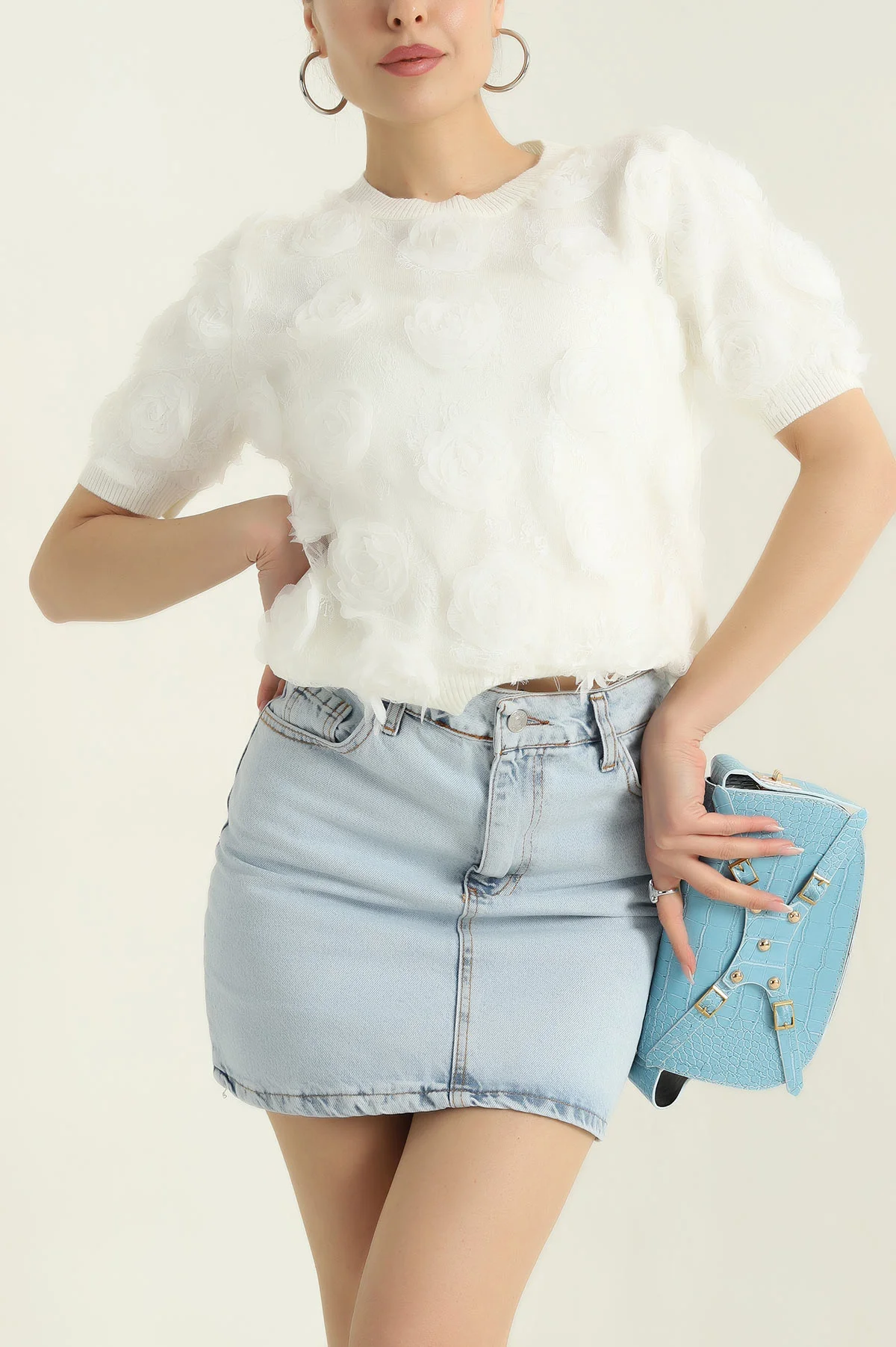 Beyaz Tül Tasarım Kadın Triko Bluz 355371