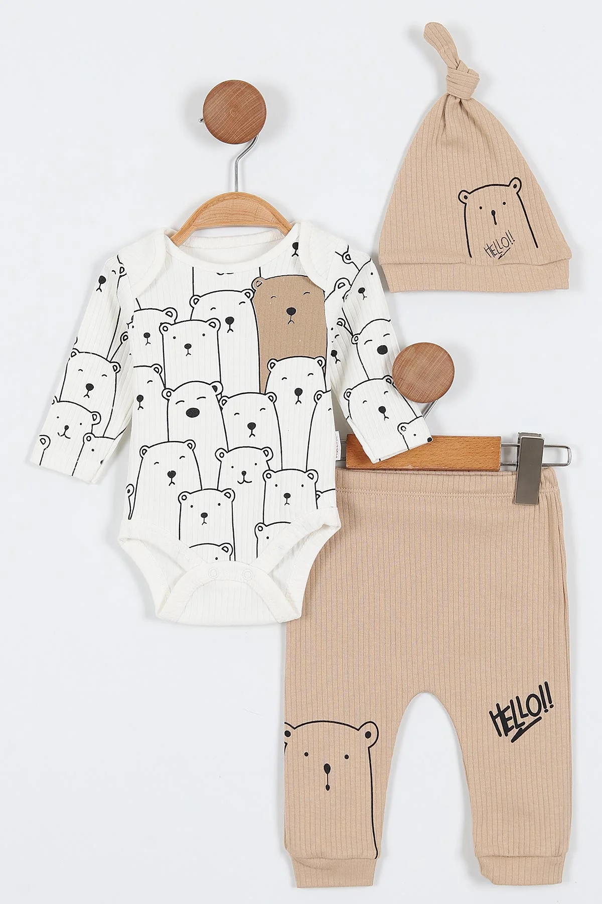 Bisküvi (0-9 Ay) Hello Baskılı Şapkalı 3'Lü Erkek Bebek Takım 339653