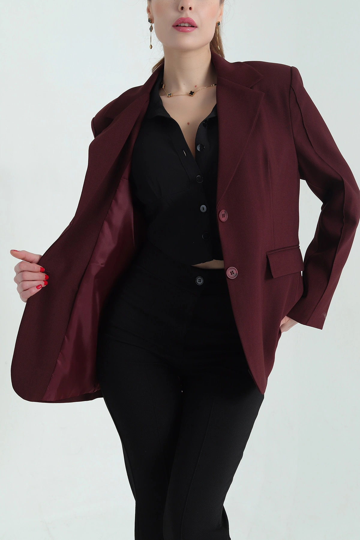 Bordo Astarlı Düğmeli Poliviskon Bayan Ceket 335970