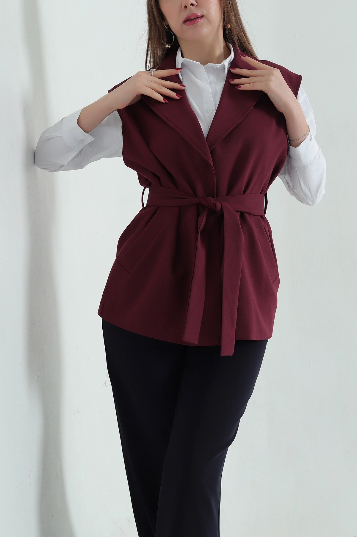 Bordo Astarlı Kemerli Poliviskon Bayan Yelek 334263