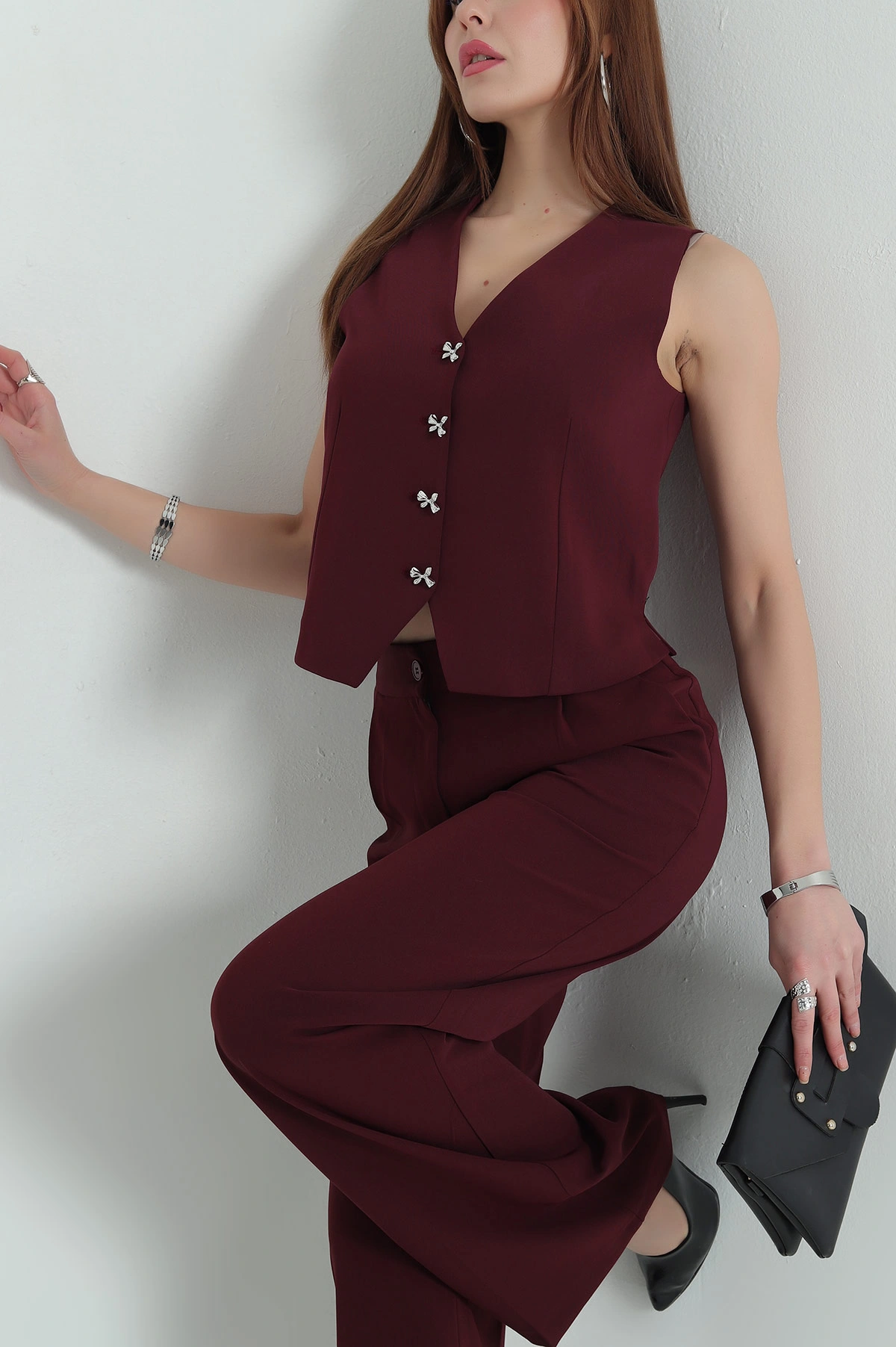 Bordo Astarlı Poliviskon Yelek Pantolon İkili Takım 334253