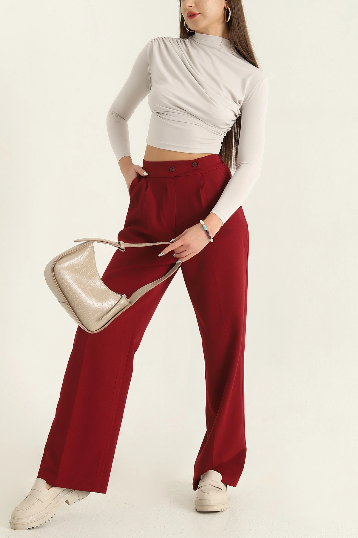 Bordo Beli Lastikli Palazzo Pantolon 320721