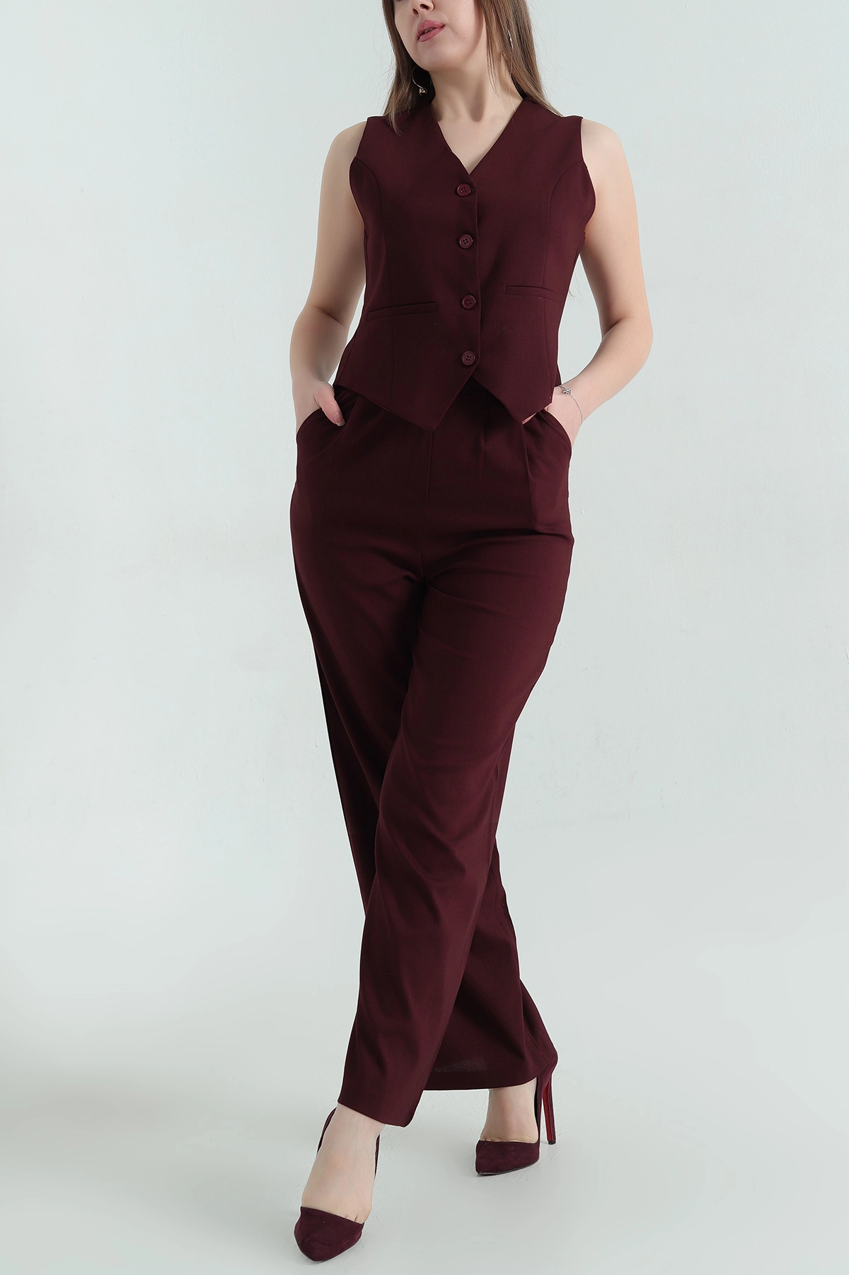 Bordo Bezayağı Yelek Pantolon Bayan İkili Takım 337180