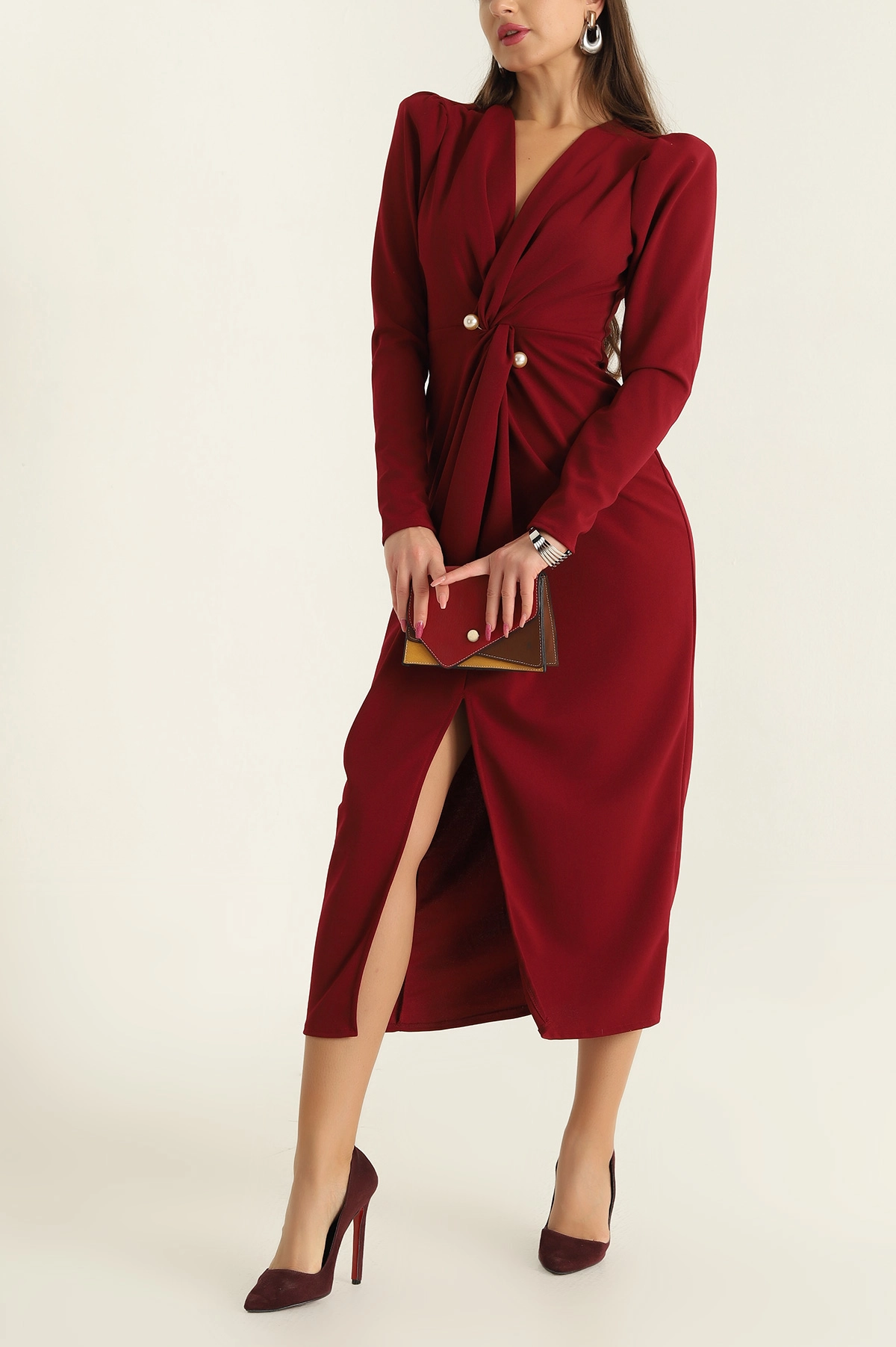 Bordo Crep Kruvaze Yaka İğneli Abiye 305155