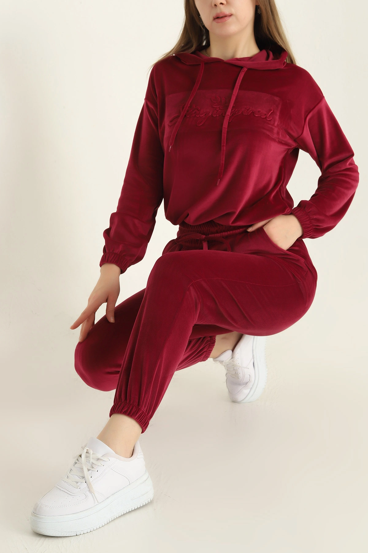 Bordo Kadife Gofre Baskı Bayan İkili Takım 320032