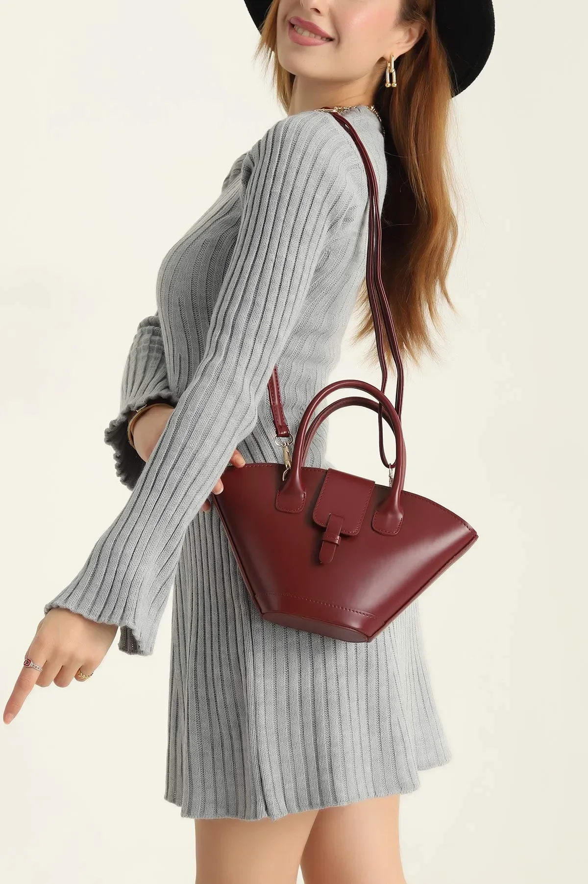 Bordo Mıknatıs Kapaklı Fermuarlı Kadın El Kol ve Omuz Çantası 375675