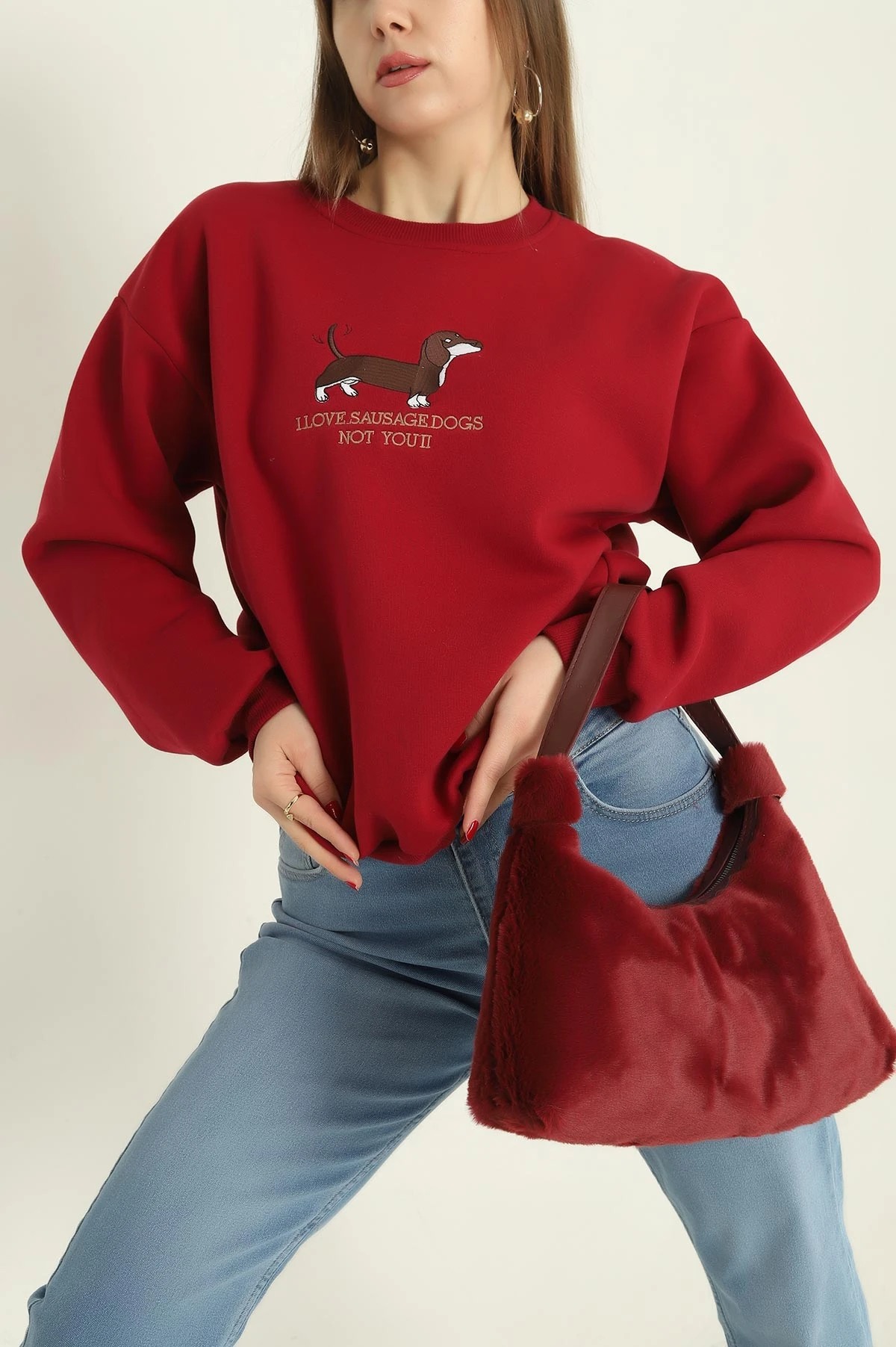 Bordo Nakışlı Şardonlu Üç İp Bayan Sweat 329632