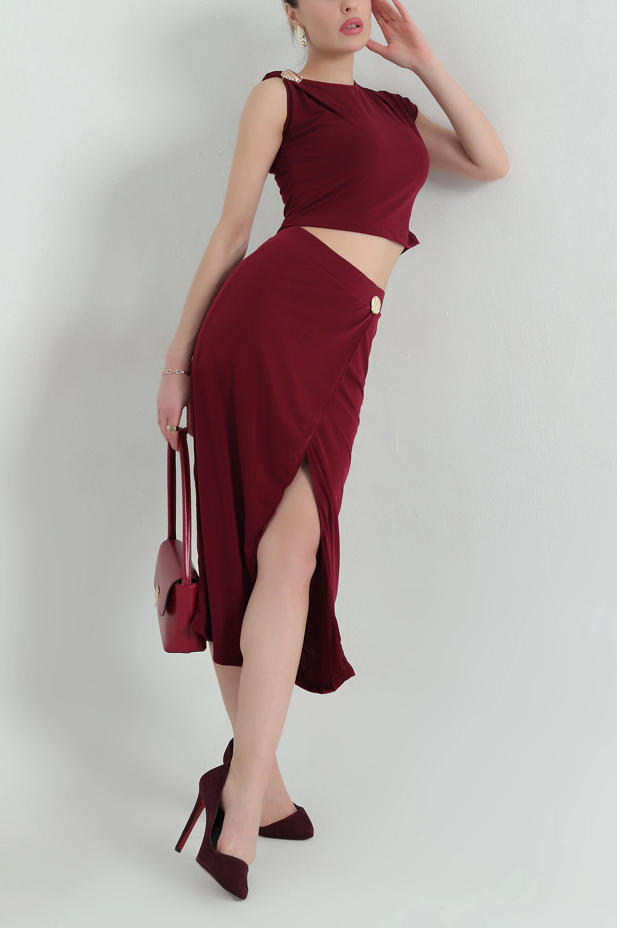 Bordo Sendy Etek Bluz Kadın İkili Takım 350205