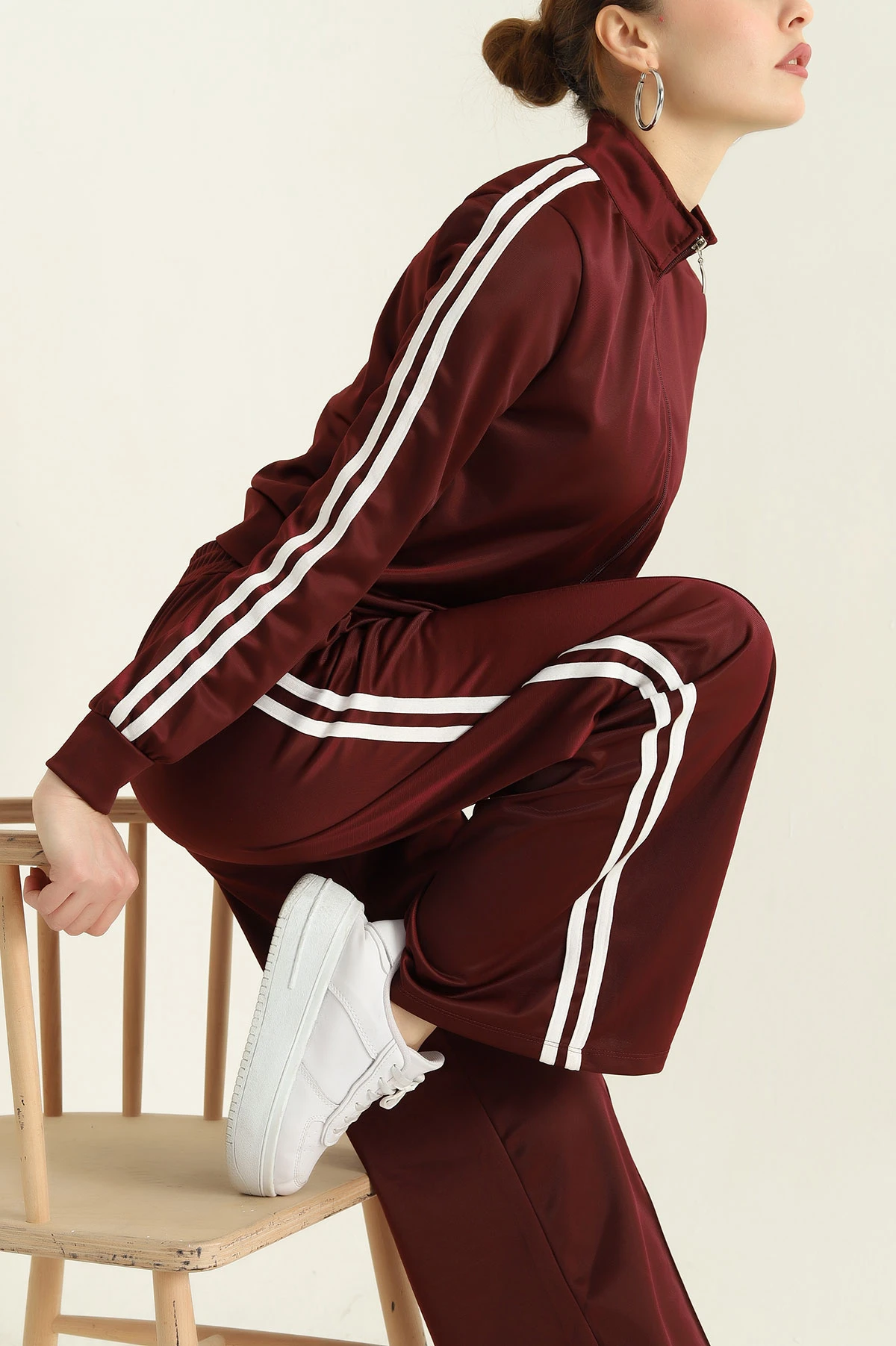 Bordo Şeritli Scuba Kumaş İkili Takım 330846