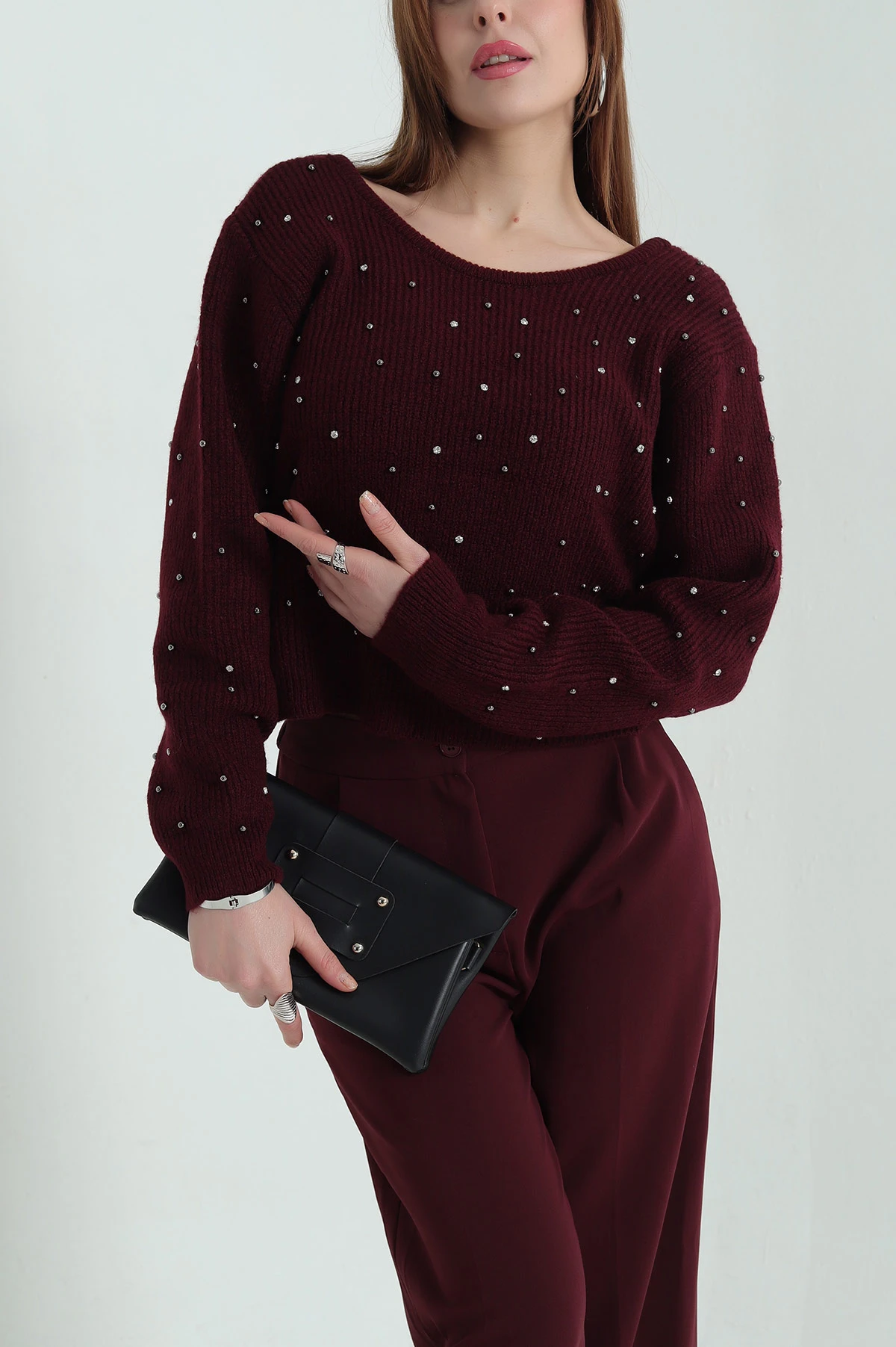 Bordo Taş Detay Bayan Triko Kazak 334446