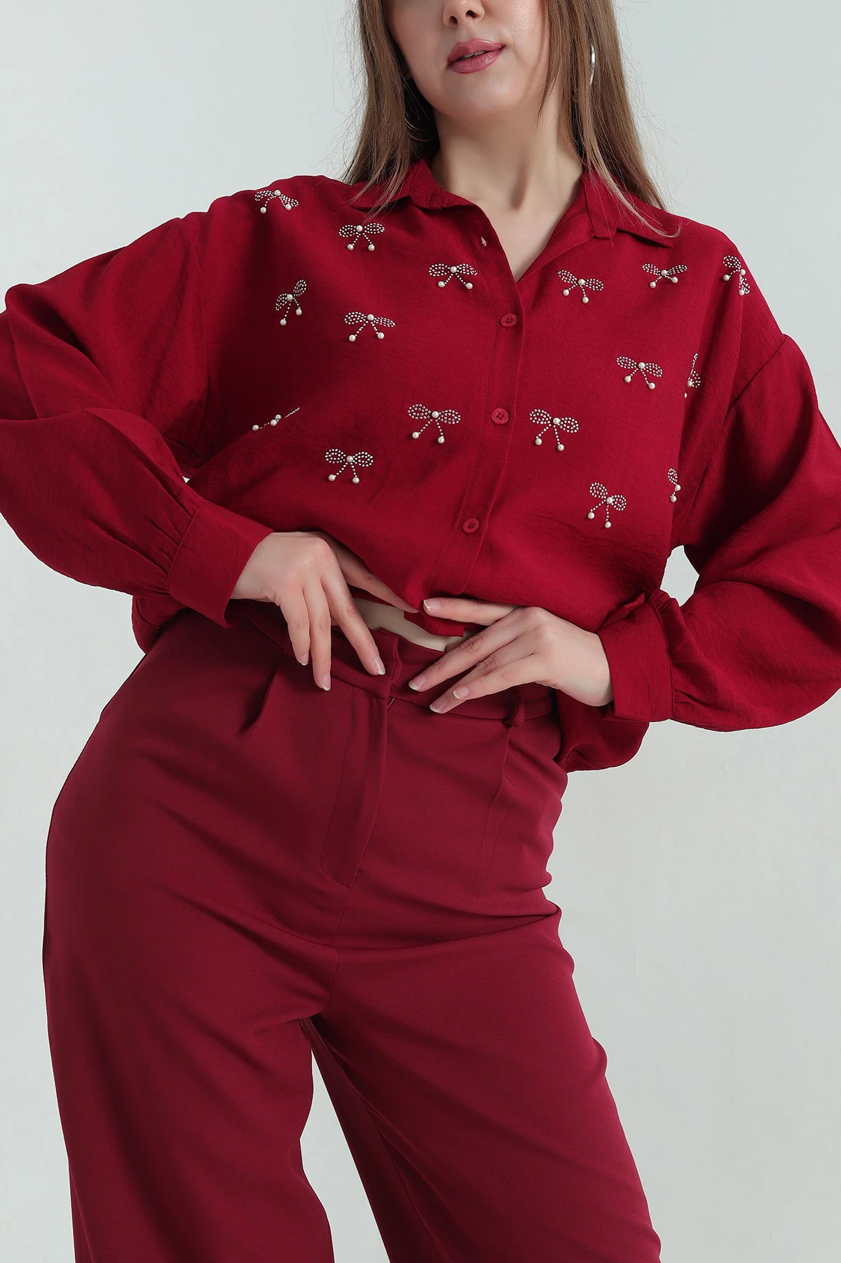 Bordo Taşlı Fiyonk Keten Kadın Gömlek 349063