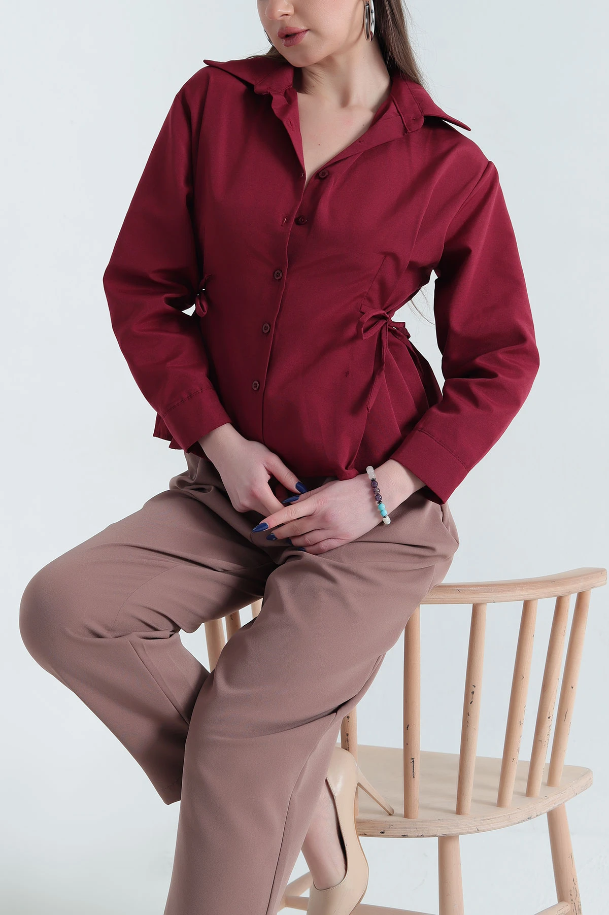 Bordo Yandan Bağlamalı Poplin Gömlek 338695