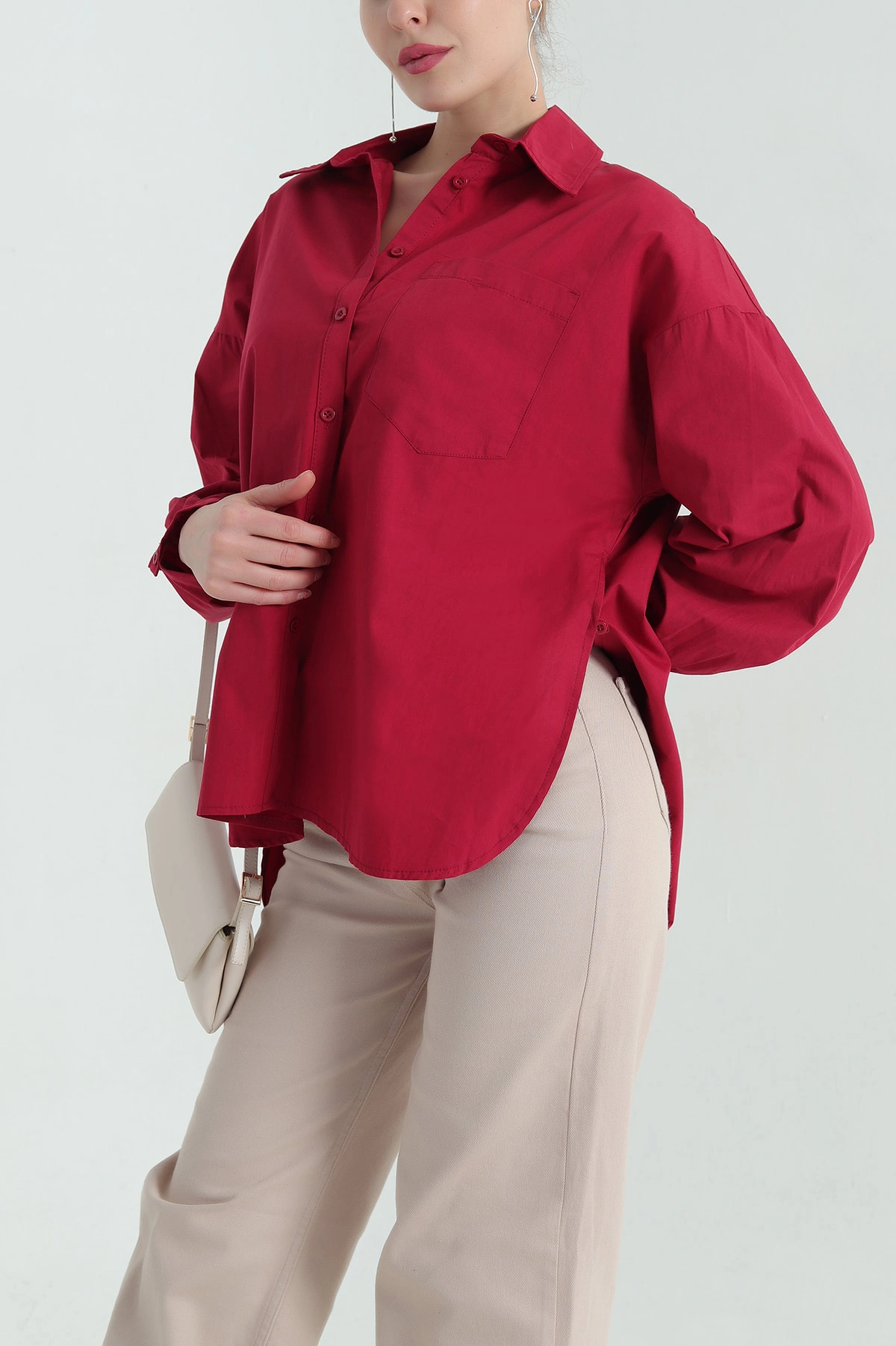 Bordo Yanı Düğmeli Poplin Terikoton Bayan Gömlek 335028