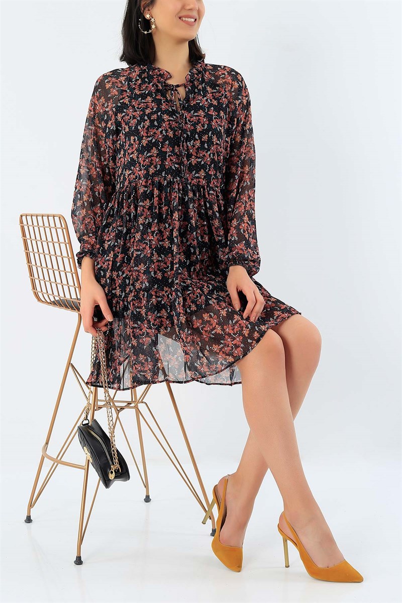 39,95 TL Çiçek Desenli Siyah Şifon Elbise 29140B | Modamızbir ...