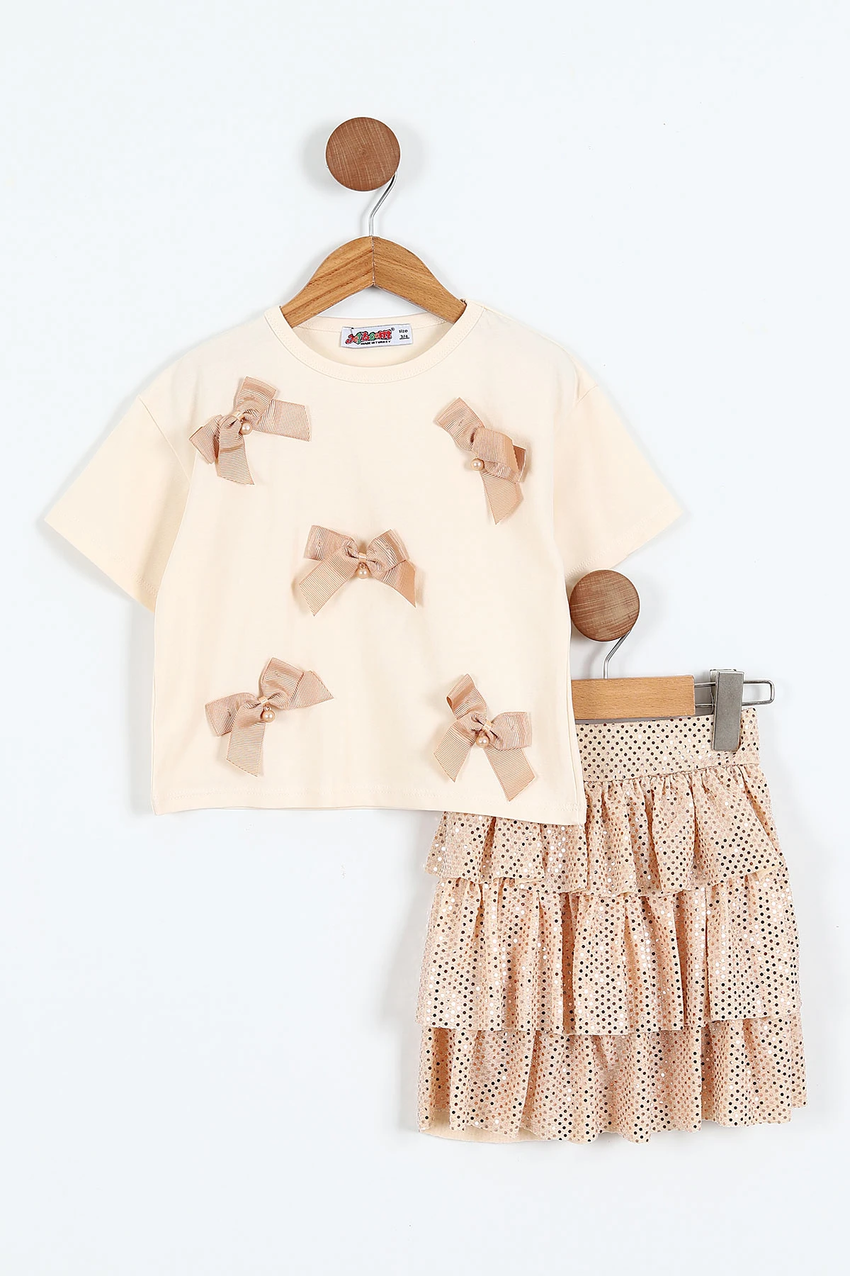 Ekru (3-10 Yaş)İncili Kurdela Detaylı Süprem Tişörtlü Pullu Kat Etekli ...