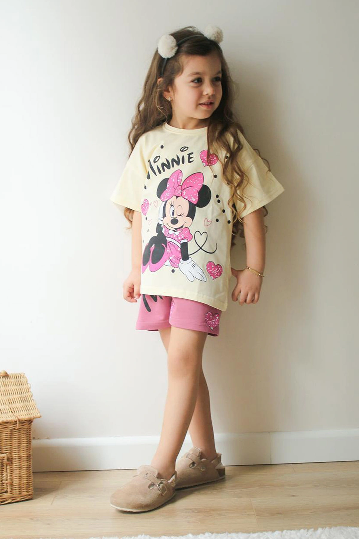 Ekru Gül Kurusu (3-10 Yaş)Minnie Baskılı Şortlu Süprem Kız Çocuk Yazlık ...