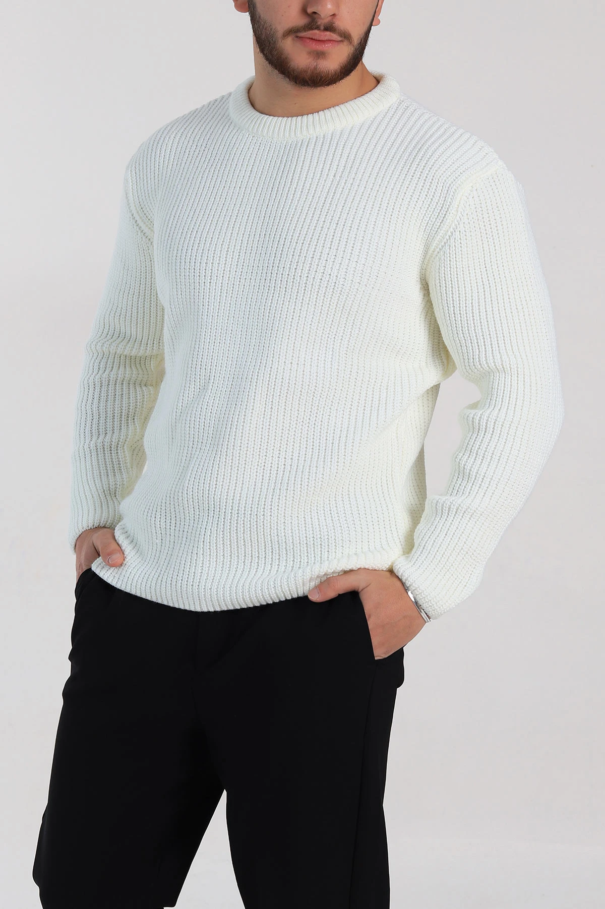 Ekru Oversize Örme Erkek Kazak 320222