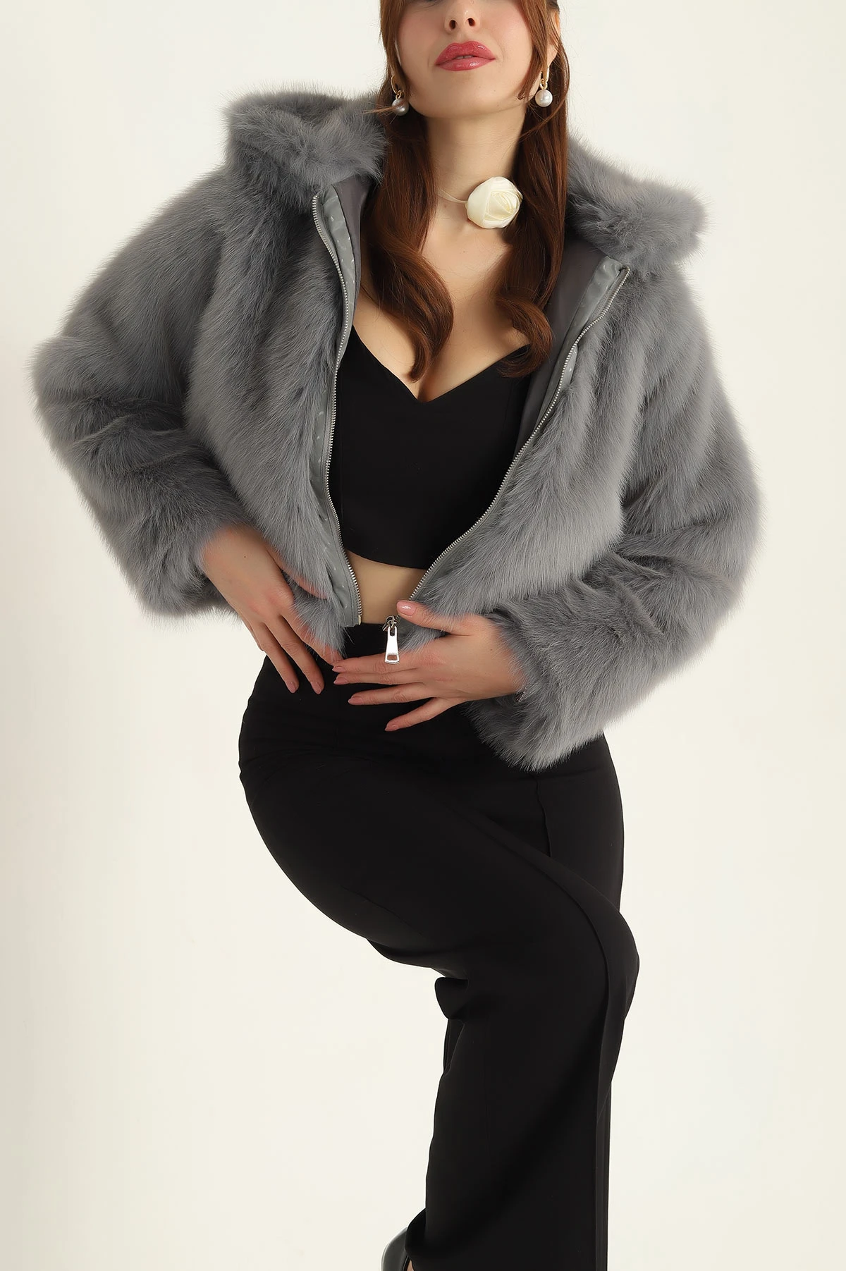 Füme Astarlı Fermuarlı Kürk Lolita Mont 314109